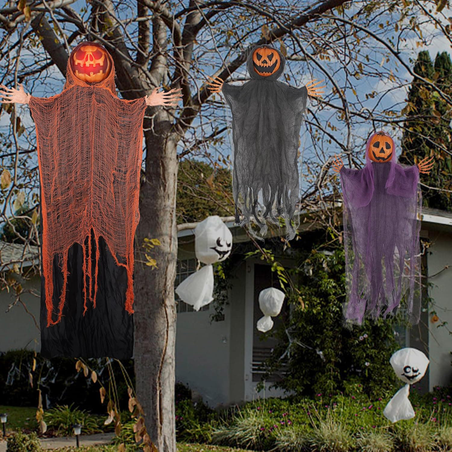Ophelia & Co. 3 Pack Hanging Halloween Outdoor Decor Pumpkins Ghost Spooky Skeleton | Wayfair