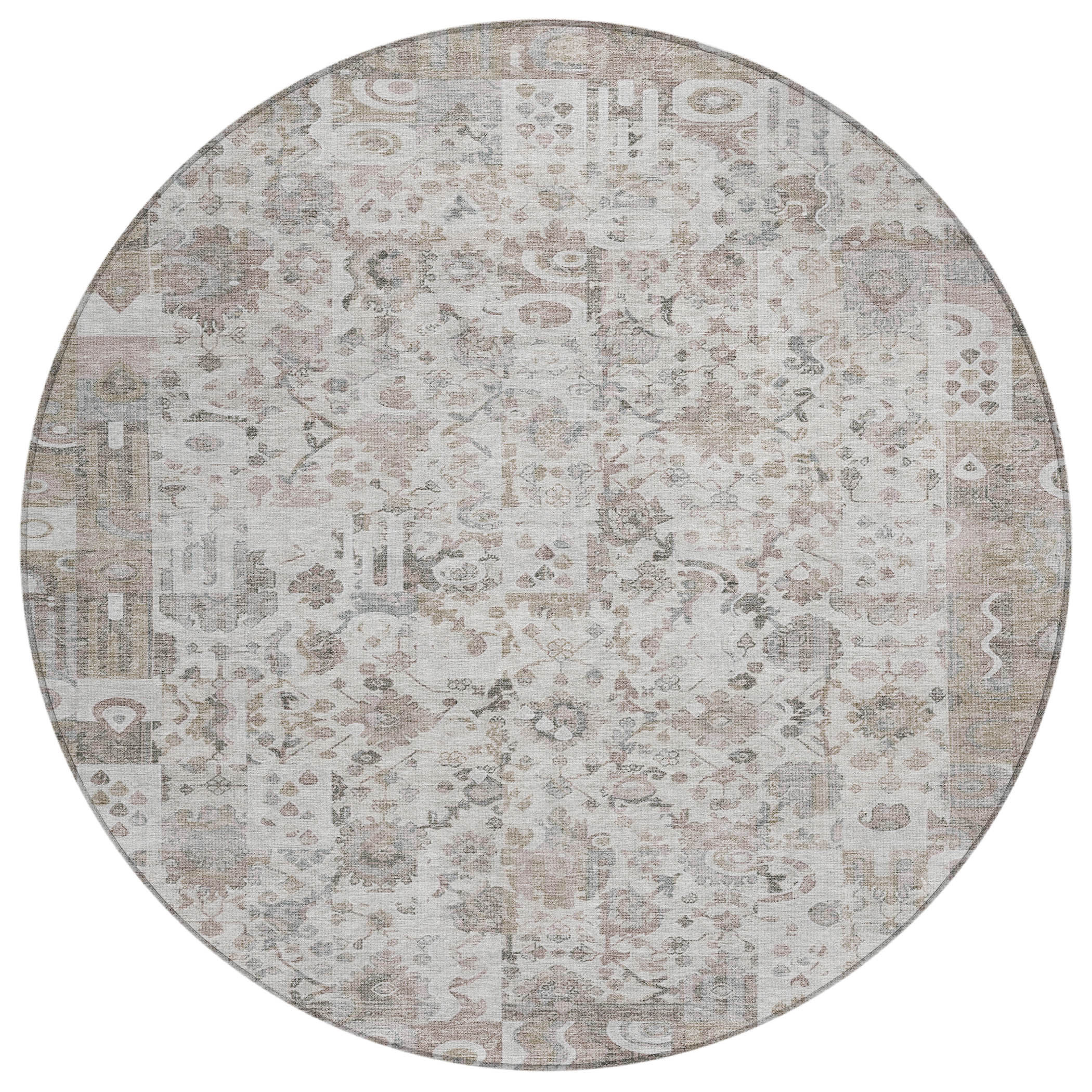 Orren Ellis 8' Taupe And Ivory Round Patchwork Washable Indoor Outdoor ...