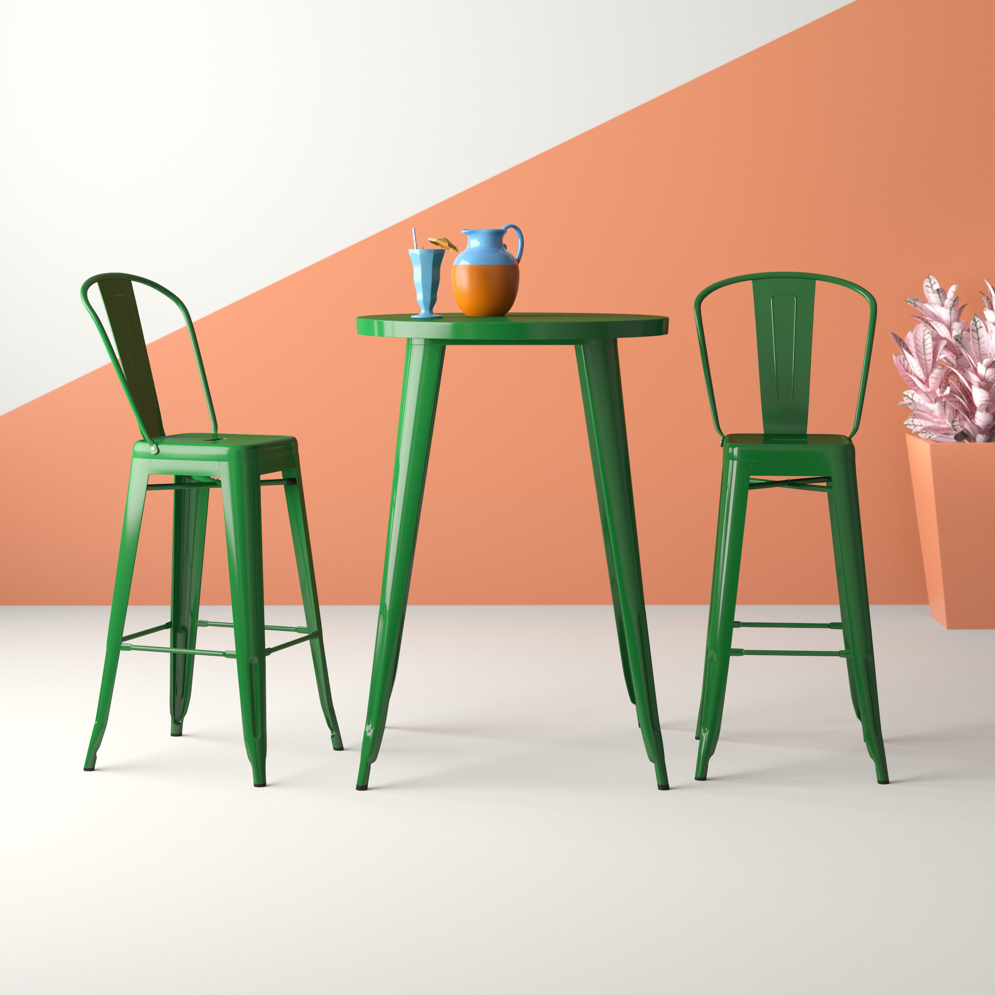 17 Stories Genece 30'' Round Metal Indoor-Outdoor Bar Table Set with 2 ...