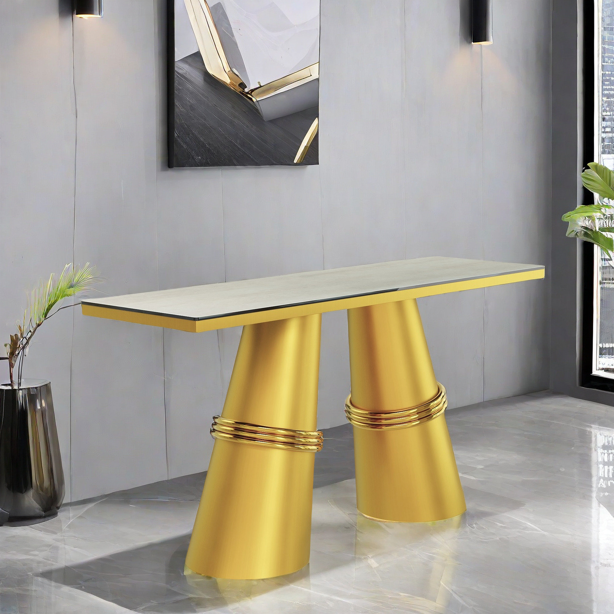 Everly Quinn Gold Console Table With Gorgeous Brushed Tapered Barrel ...