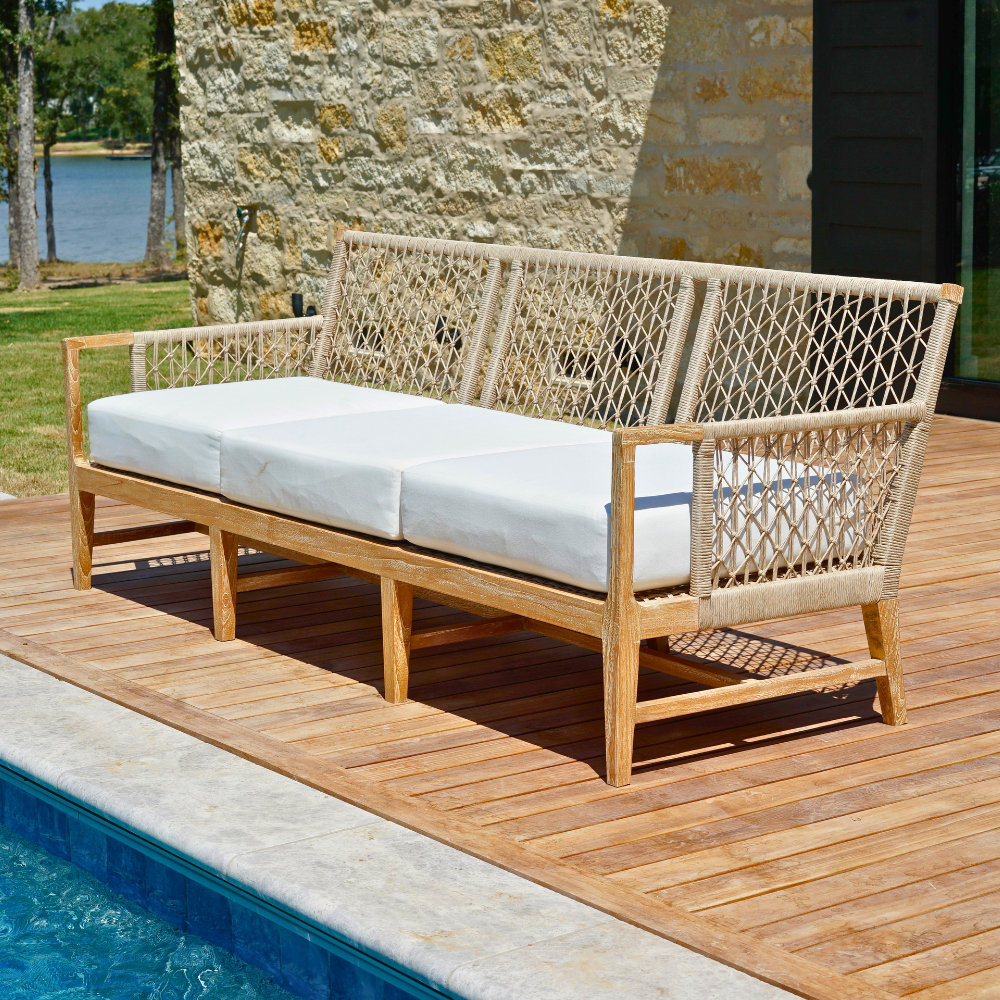 Rosecliff Heights Camejo 86" Wide Outdoor Teak Patio Sofa with Cushions ...
