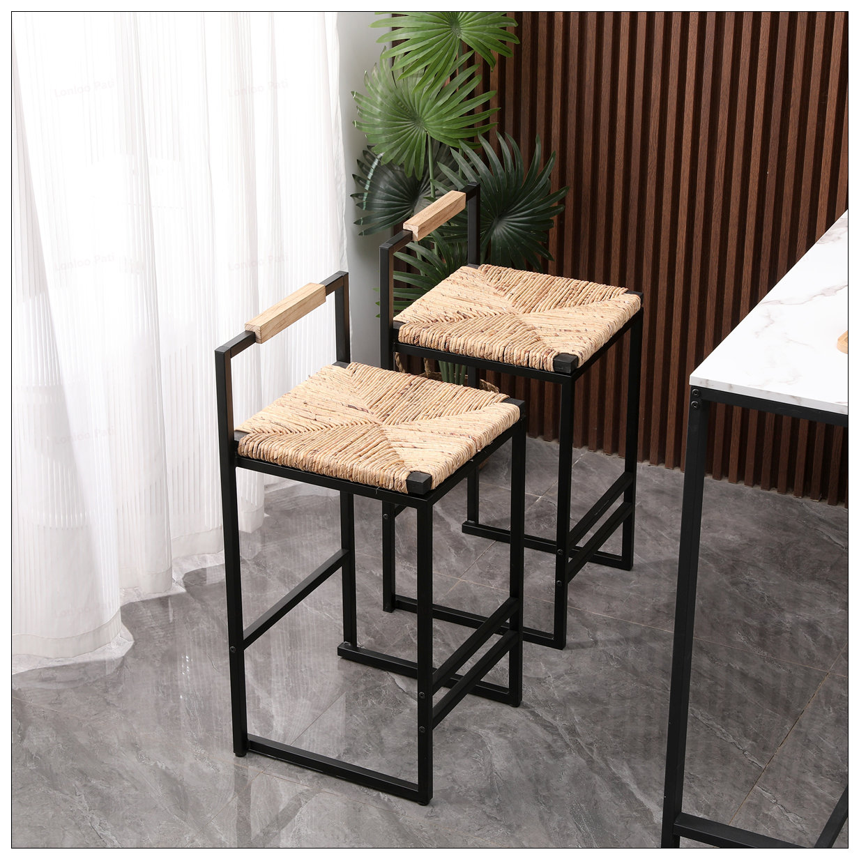 Ebern Designs Water Hyacinth Woven Bar Stools With Metal Back | Wayfair