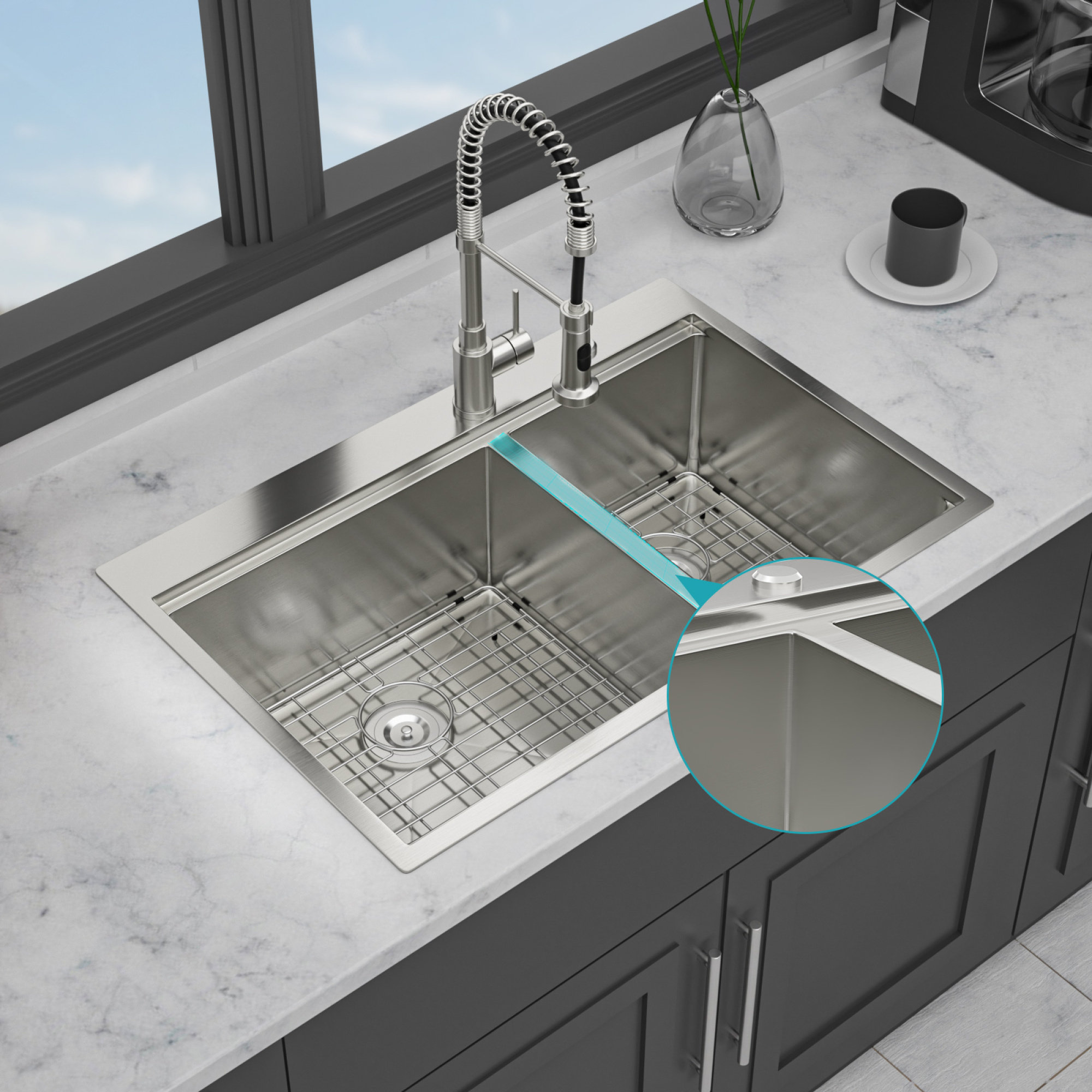 CANJUN Efficient Soundproof Dual Bowl Stainless Steel Kitchen Sink ...