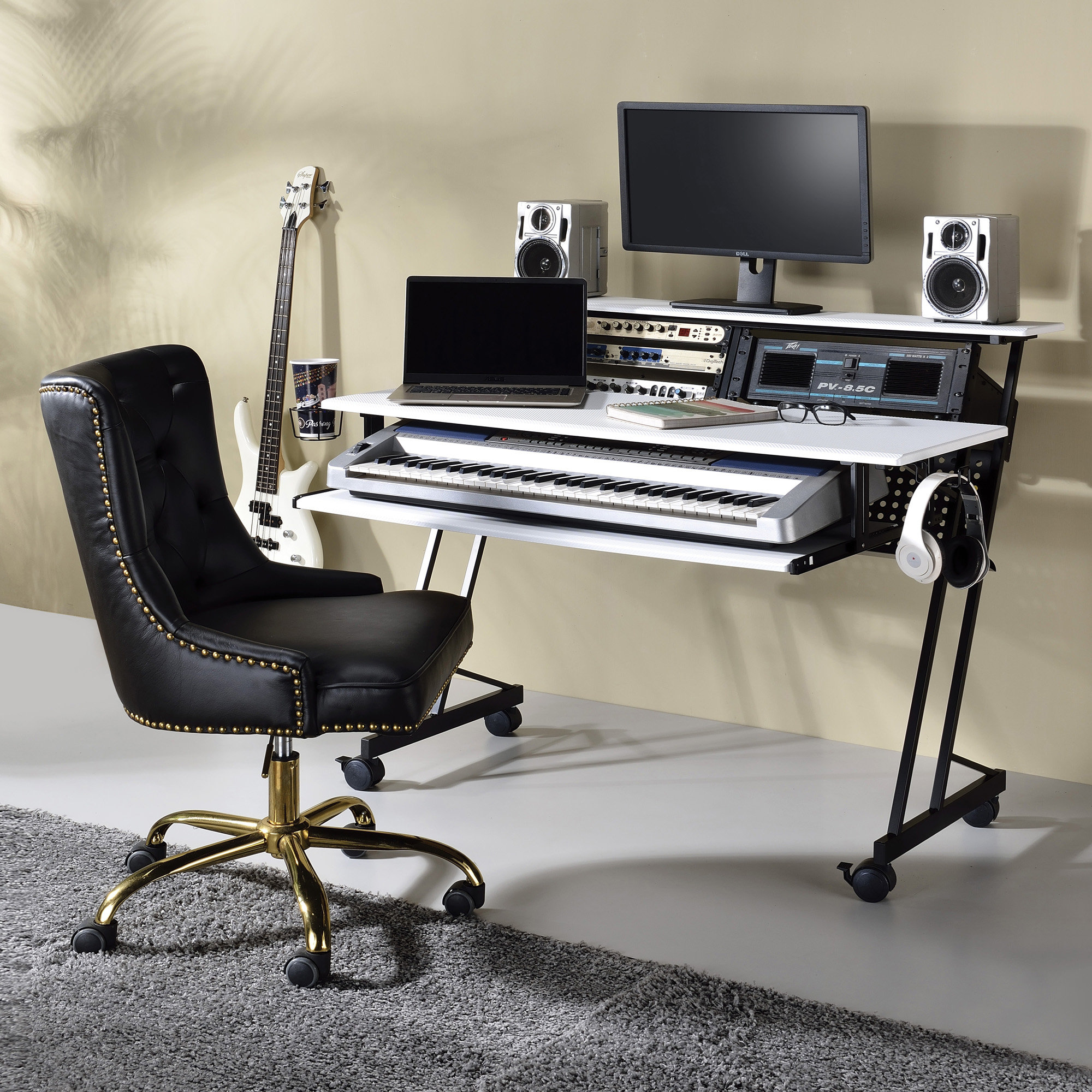 Inbox Zero White and Black Music Recording Studio Desk with Metal Base ...