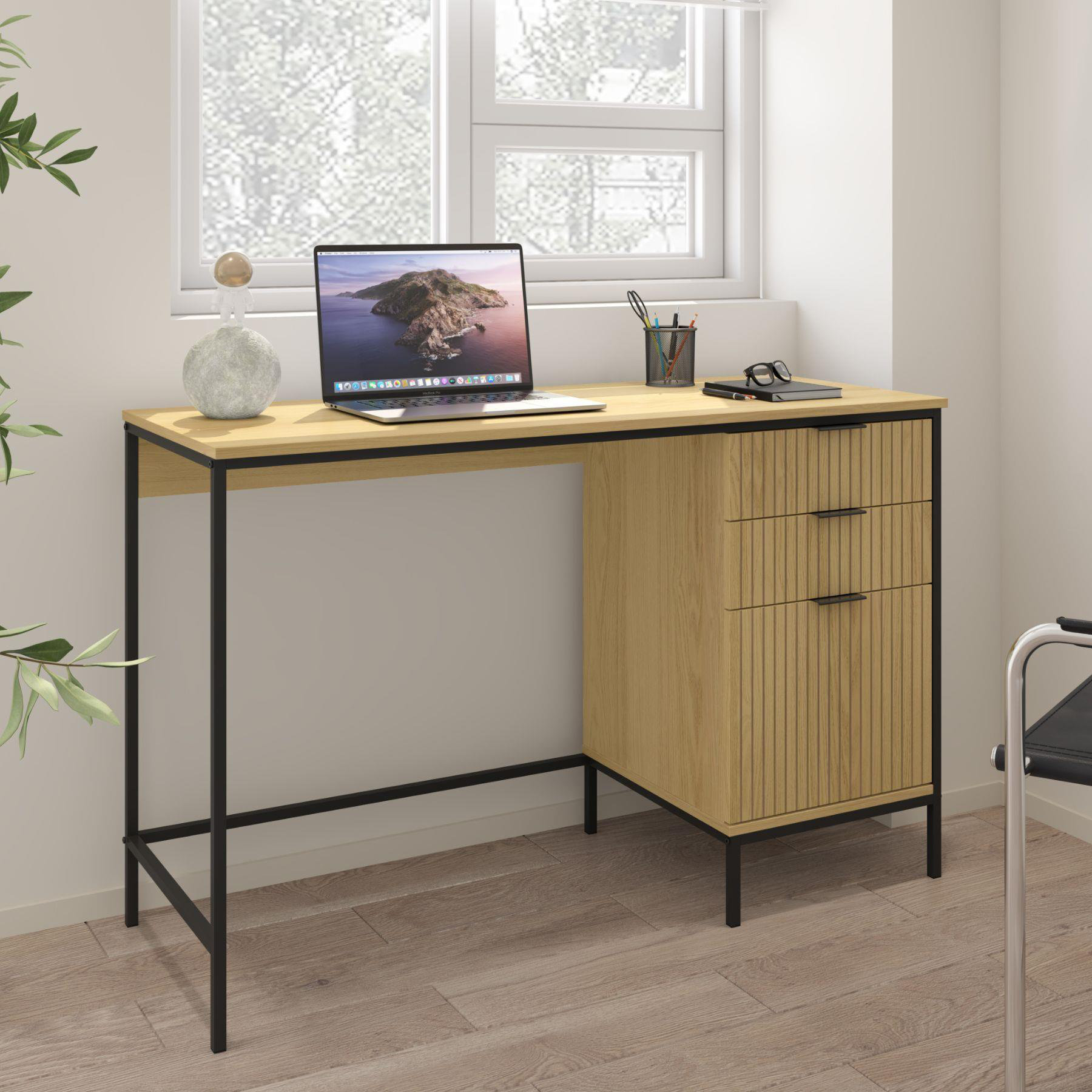 17 Stories Wisbech 3 Drawer Oak Effect and Metal Home Office Computer ...