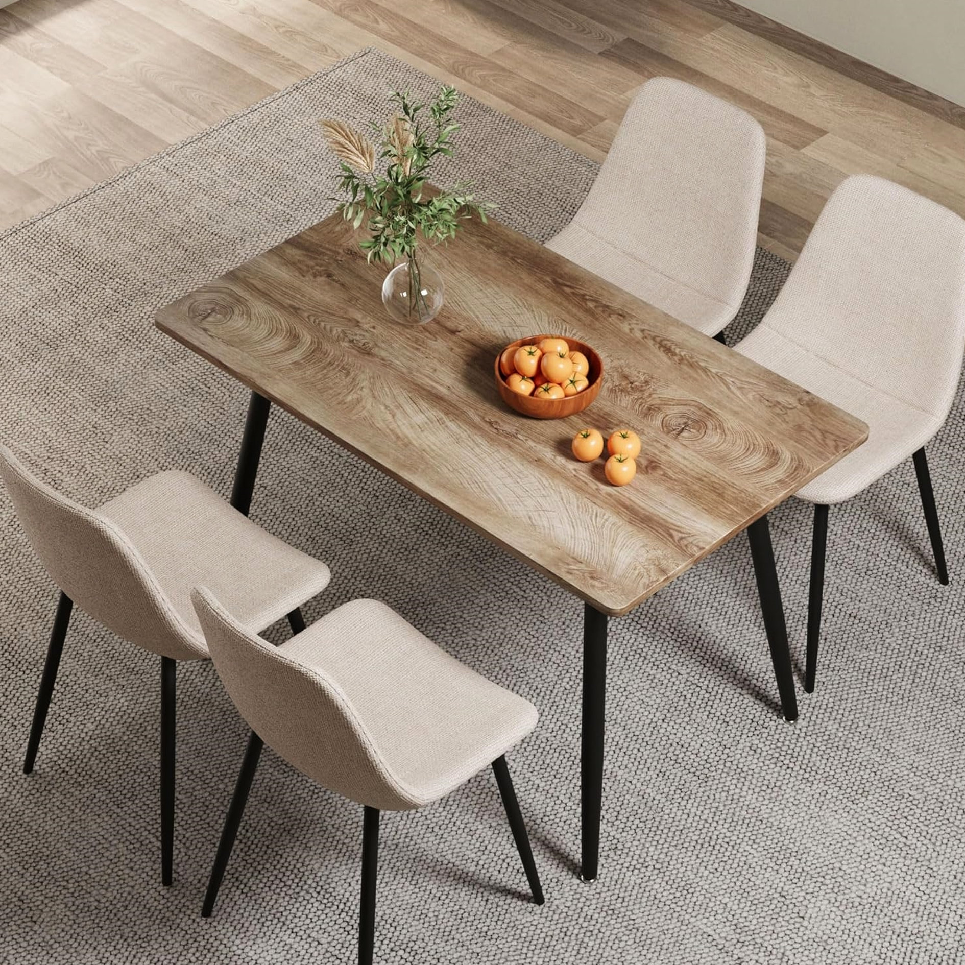 Latitude Run® Wood Color Table For 4, Beige Chairs, Black Metal Legs ...