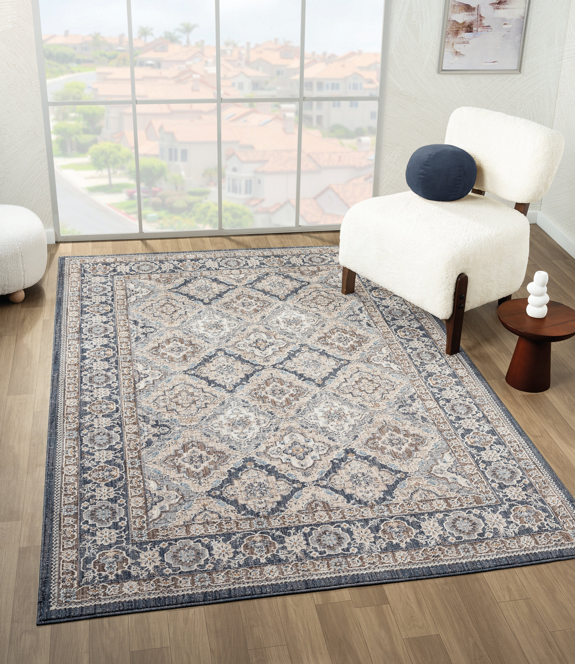 Charlton Home Glorietta – Traditional Blue Medallion Rug with Elegant ...