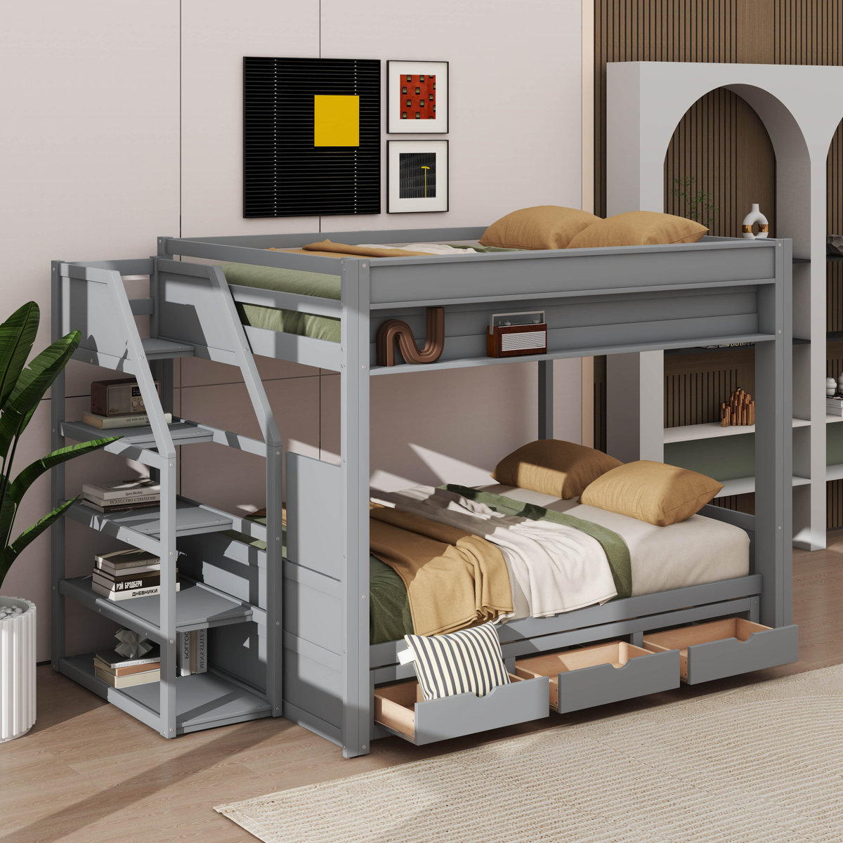 Harriet Bee Full-Sized Wood Convertible Bunk Bed Featuring A Storage ...