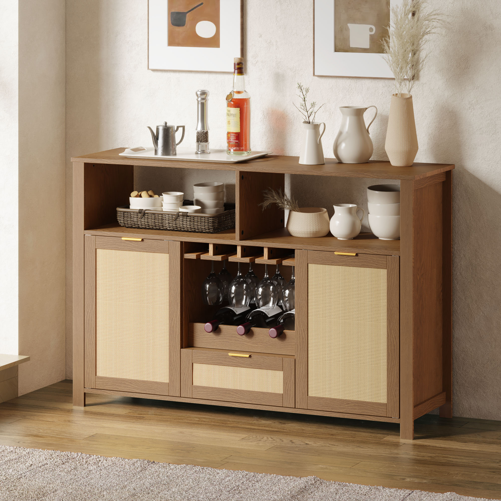 Bay Isle Home™ Bar Cabinet With 2 Rattan Doors, Wine Racks And Drawers ...