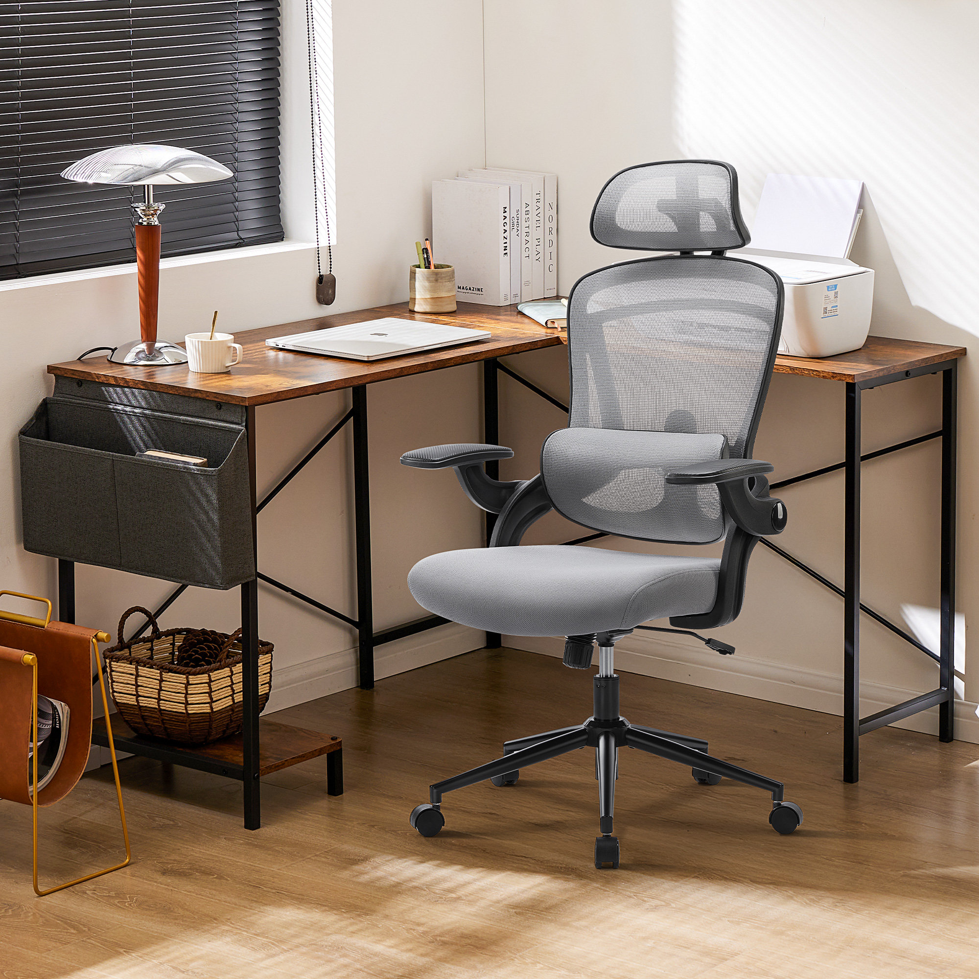 Inbox Zero Desk and Chair Set: L-Shaped Computer Desk (Rustic Brown ...
