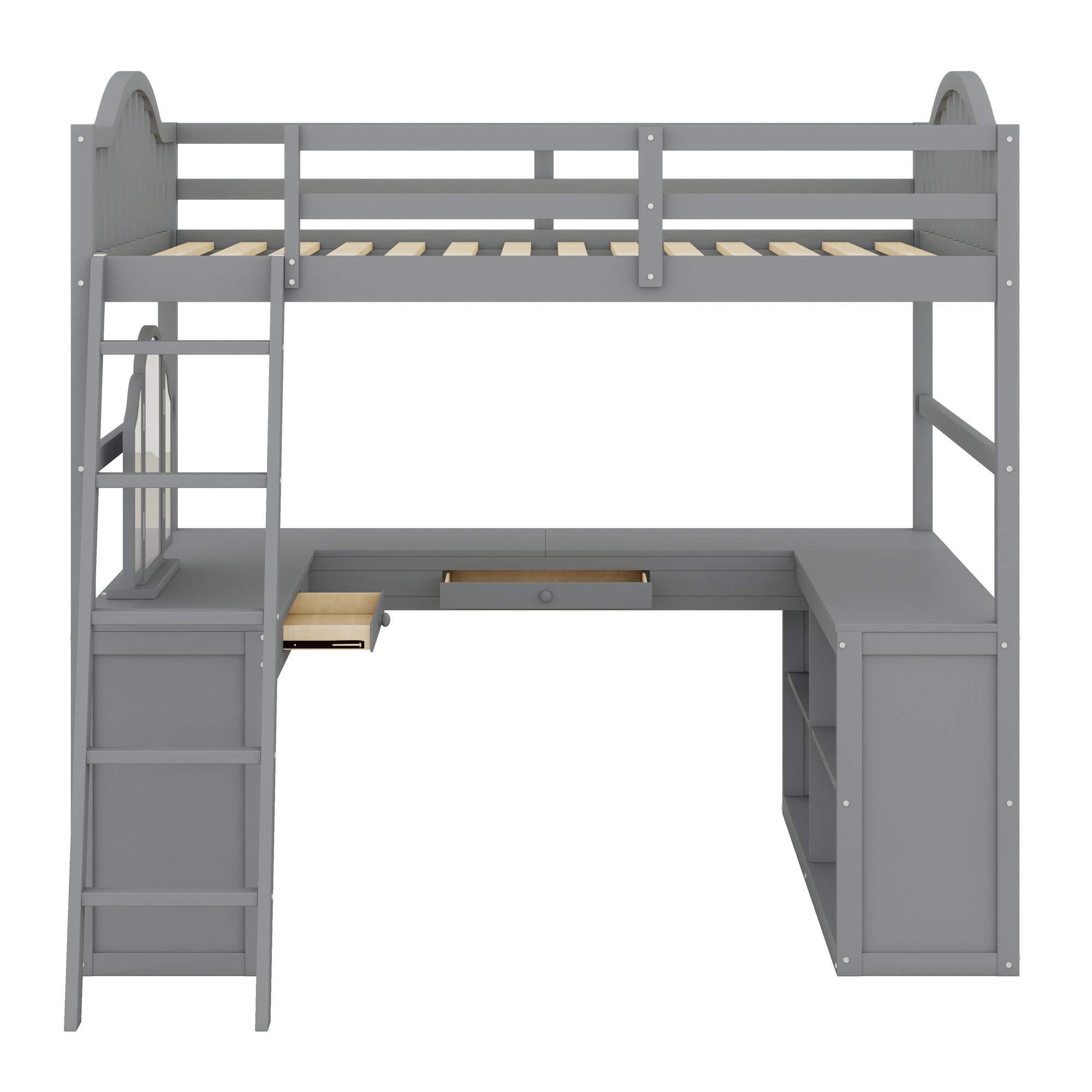 Harriet Bee Wooden Loft Bed With U-Shaped Desk,Storage Compartments And ...