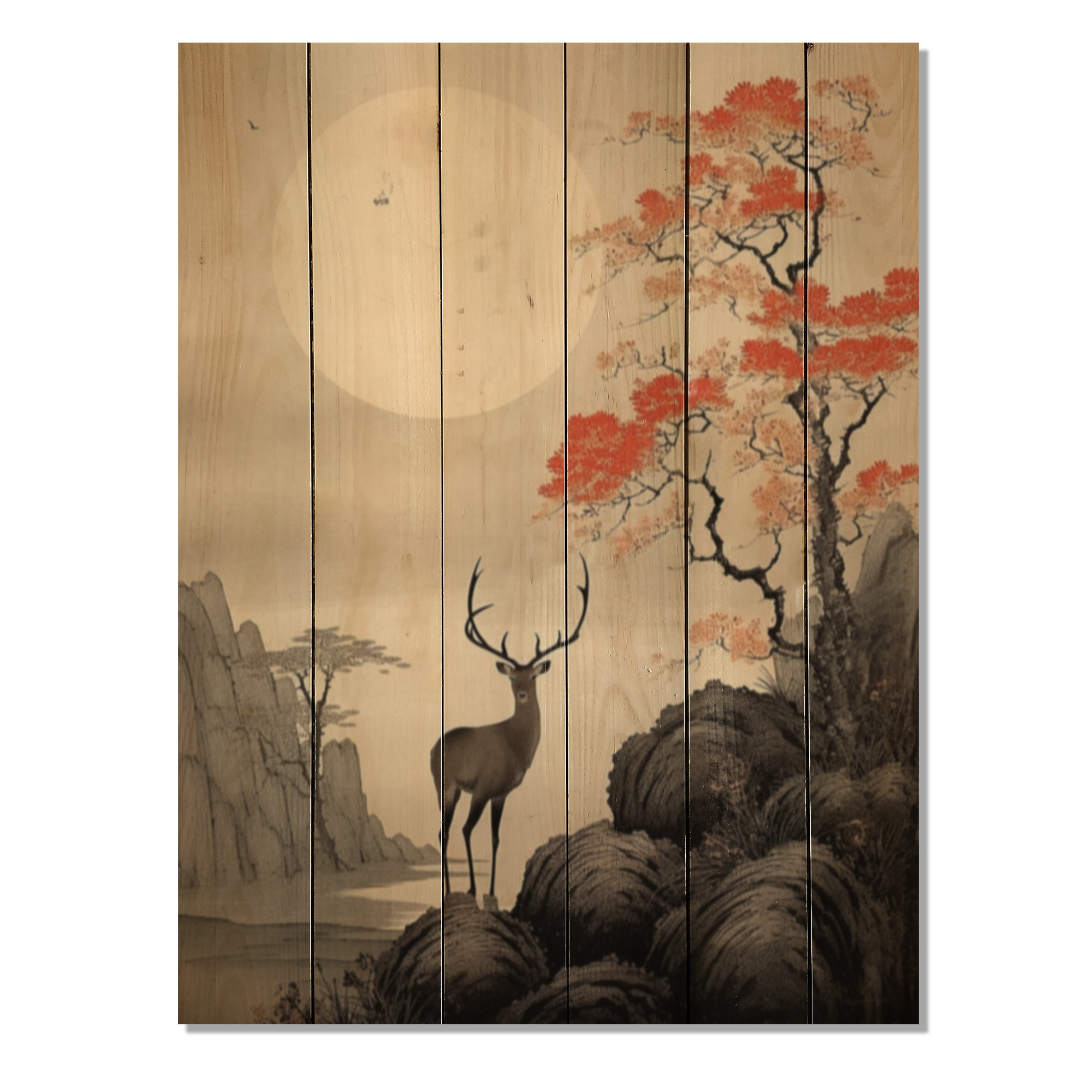 Red Barrel Studio® Asian Art Deer Sumi - Asian Print On Natural Pine ...