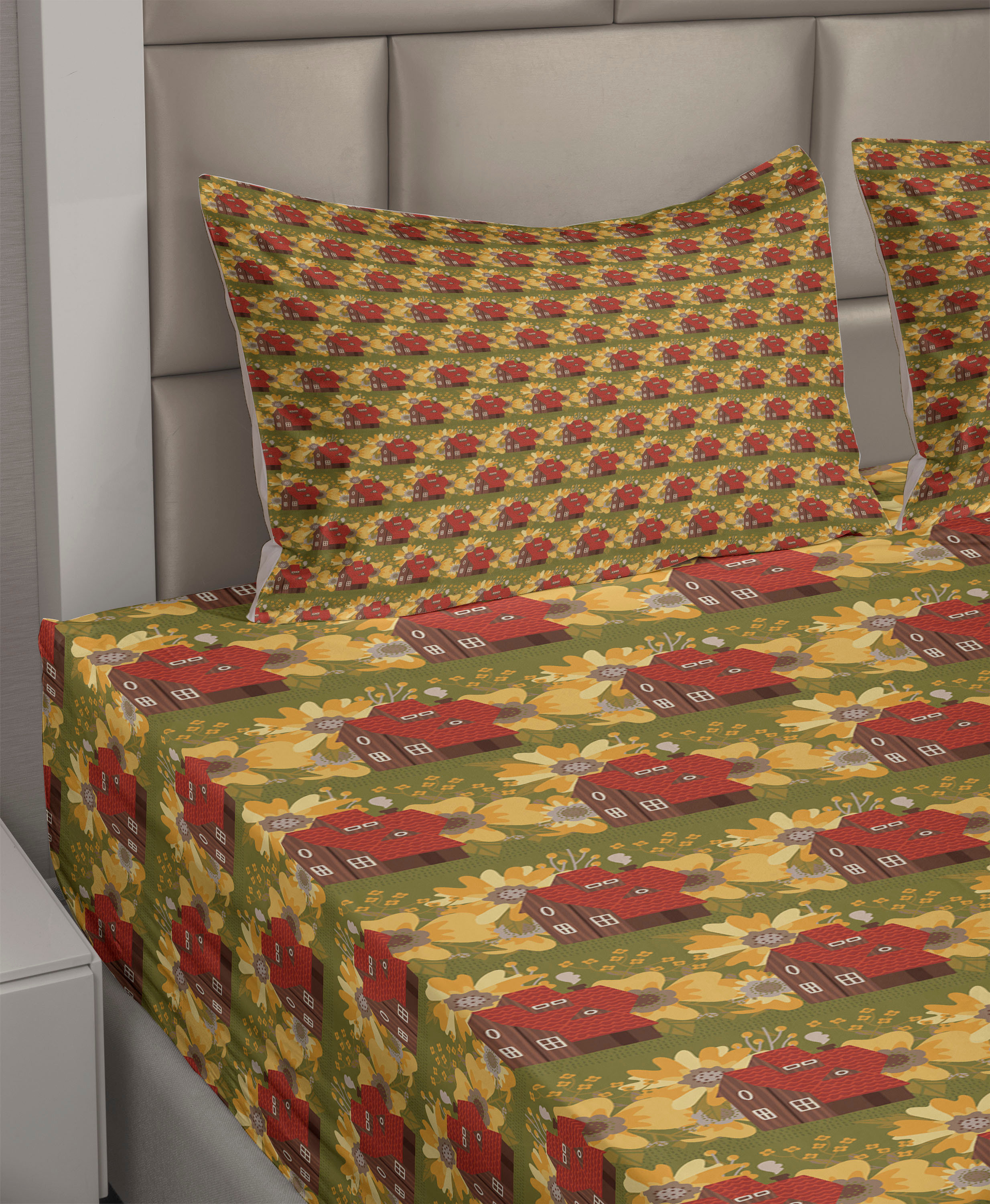 Ambesonne Town Sheet Set Houses with Huge Flowers Art Marigold Fawn and ...