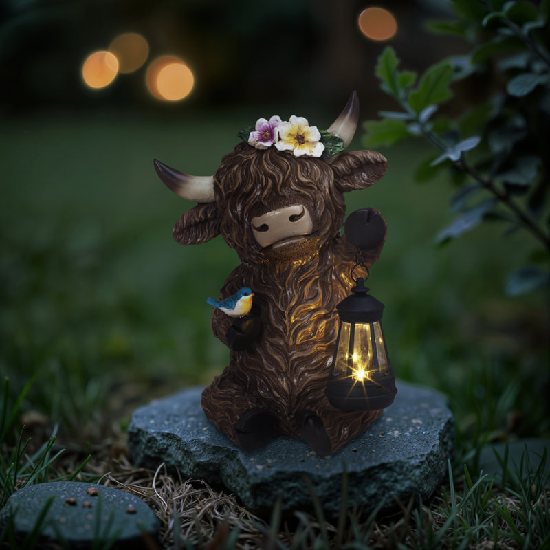 Ophelia & Co. 12.4 Inch Solar Lighted Resin Highland Cow With Lantern ...