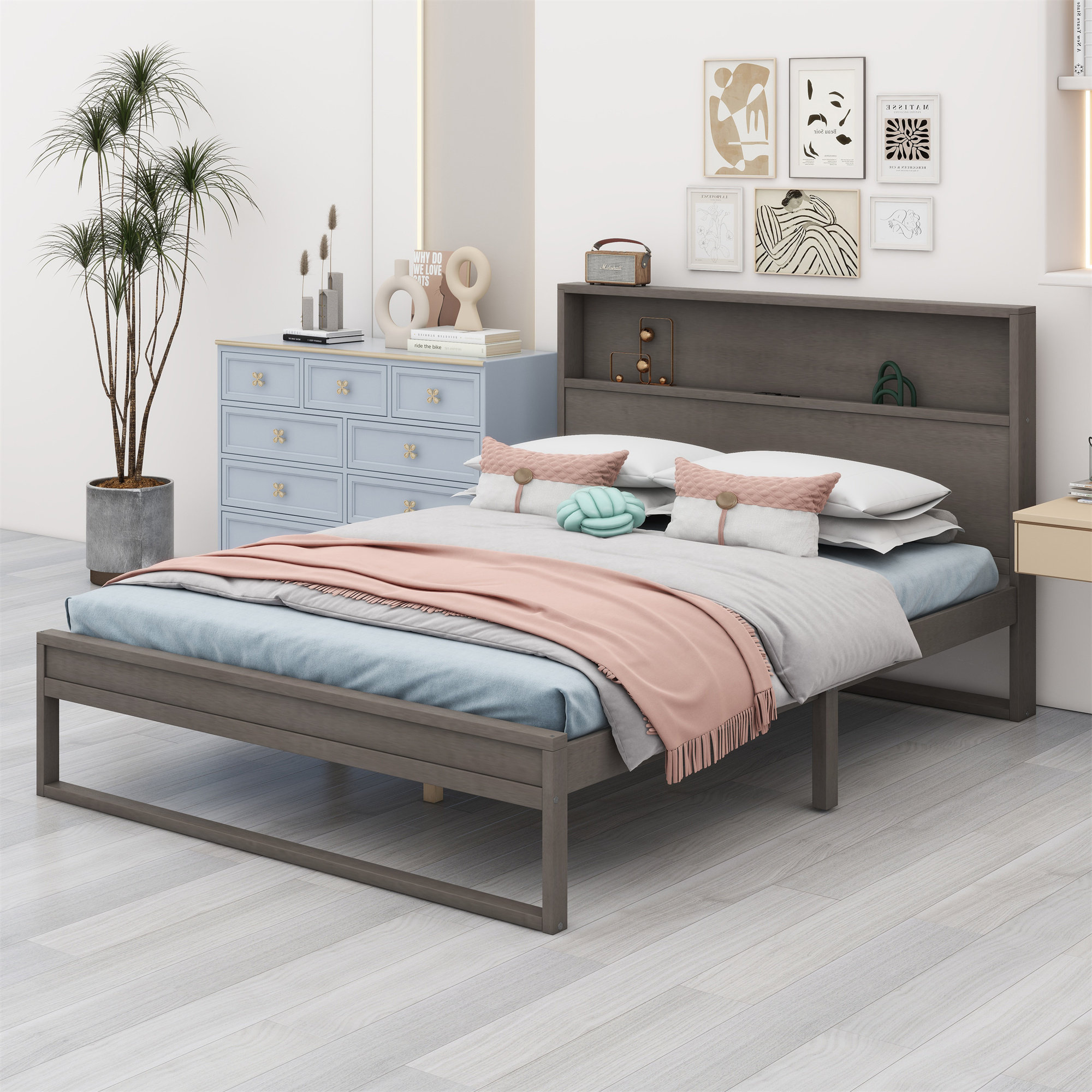 Winston Porter Platform Bed With Storage Headboard,Sockets And USB ...
