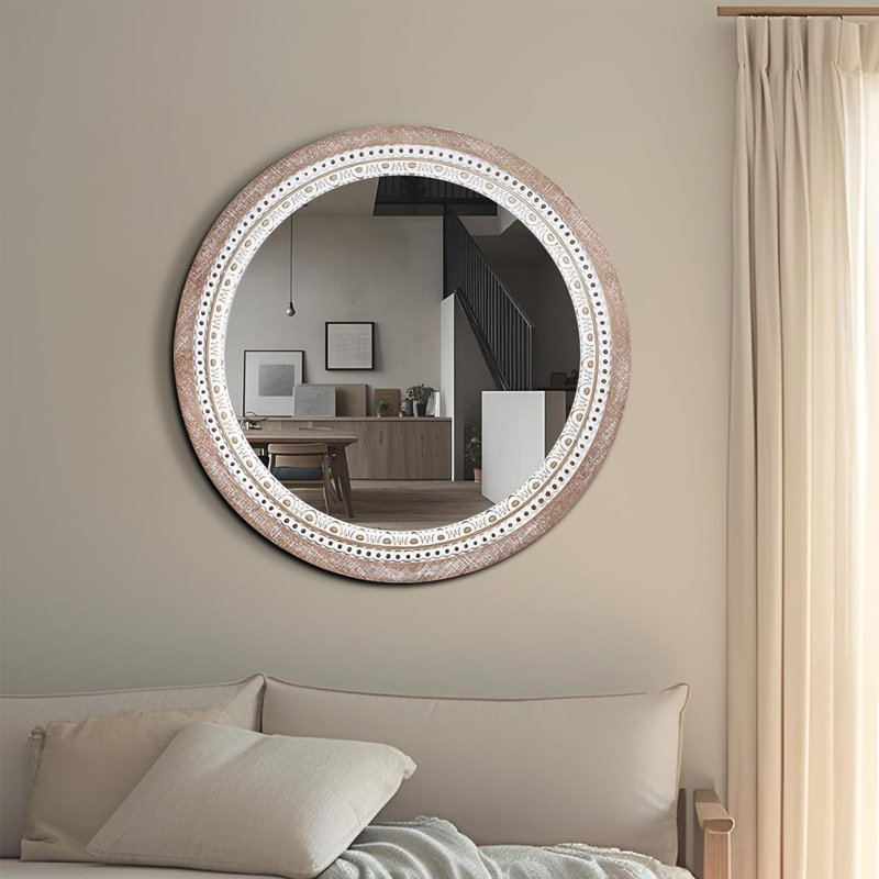 Latitude Run® 24 Inch Wooden Round Mirror for Wall Decor, Boho Circle ...