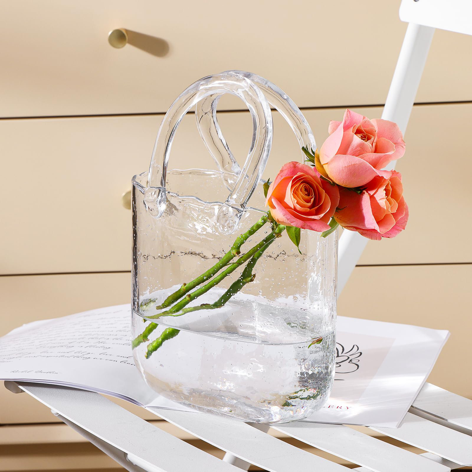 Ivy Bronx Glass Purse Vase For Flowers, Clear Bag Vases With Handle ...