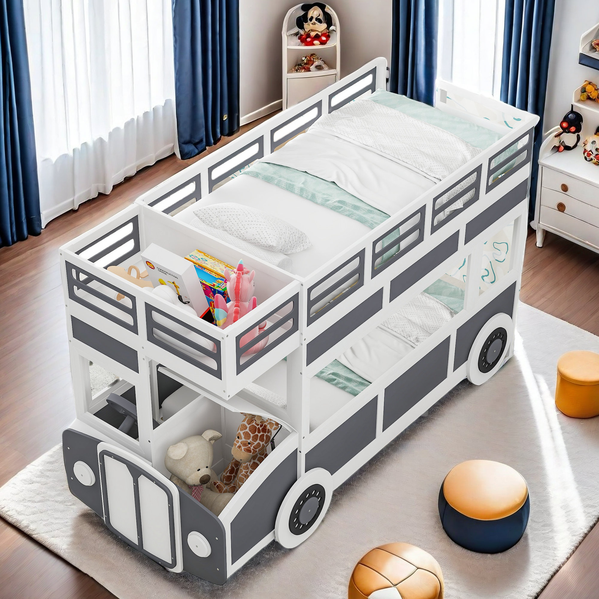 Zoomie Kids Alleine Bus-shaped Bunk Bed with Wheels and Storage Design ...