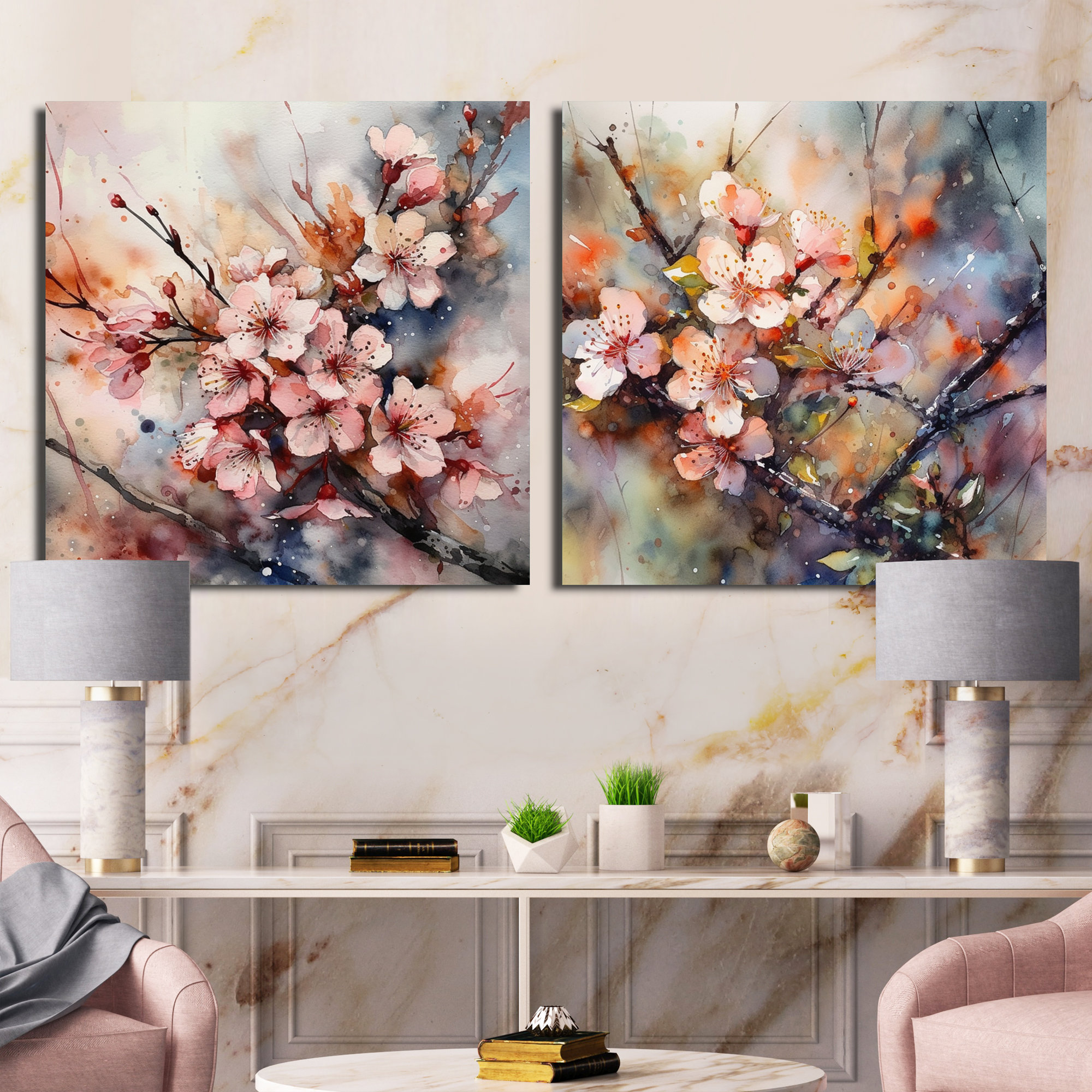 Winston Porter Pink Grey Apple Tree Melody - Floral Apple Tree Square ...