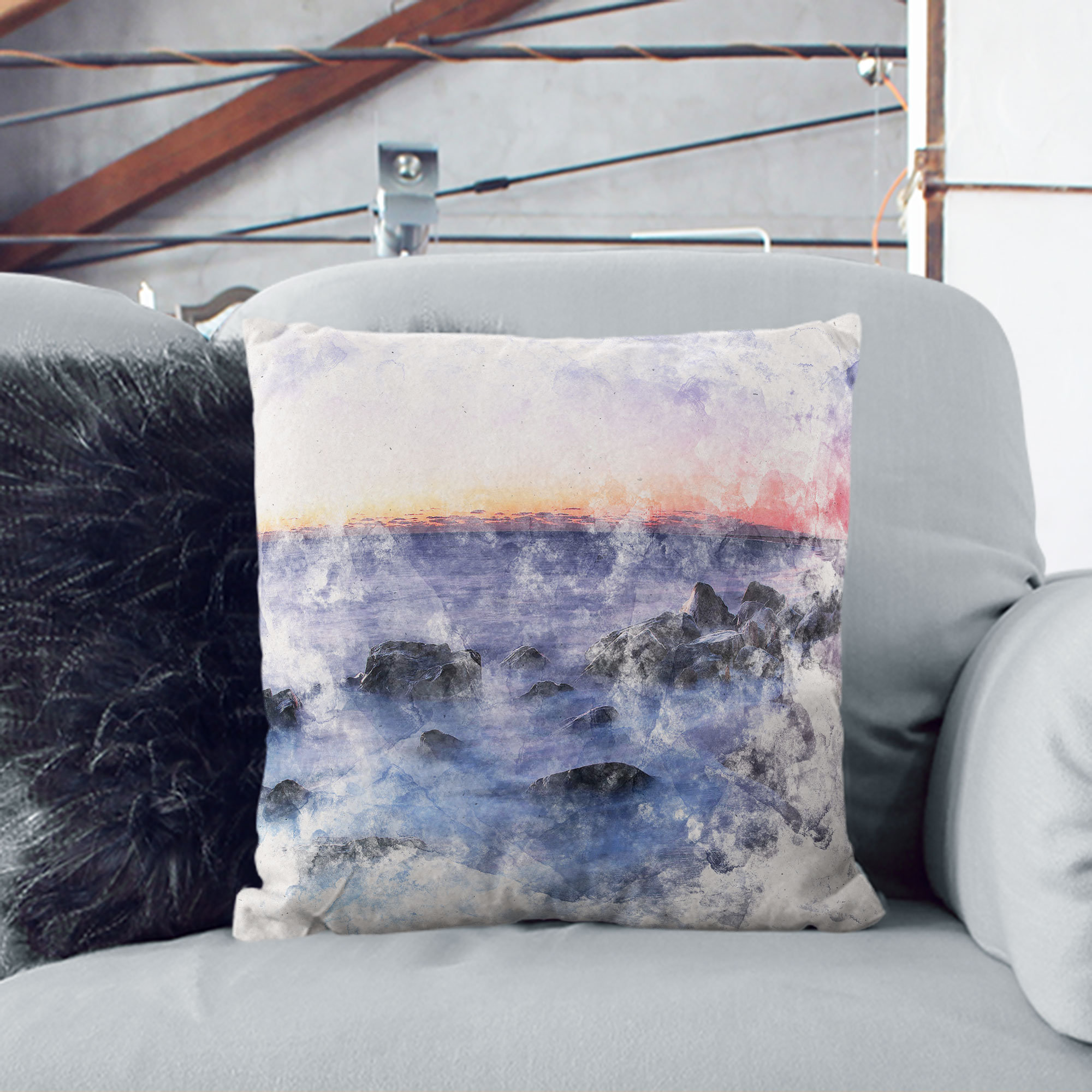 East Urban Home Ocean Reaching the Beach at Sunset Watercolour Cushion ...