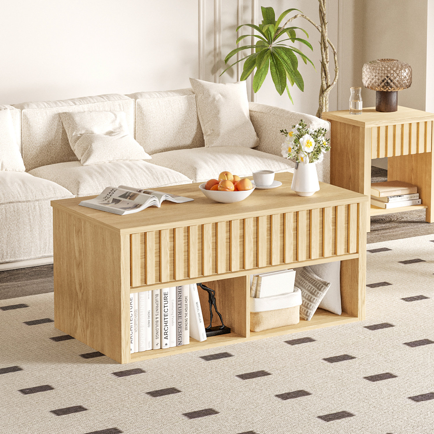 Latitude Run® Fluted Lift Top Coffee Table With Storage, Rectangle ...