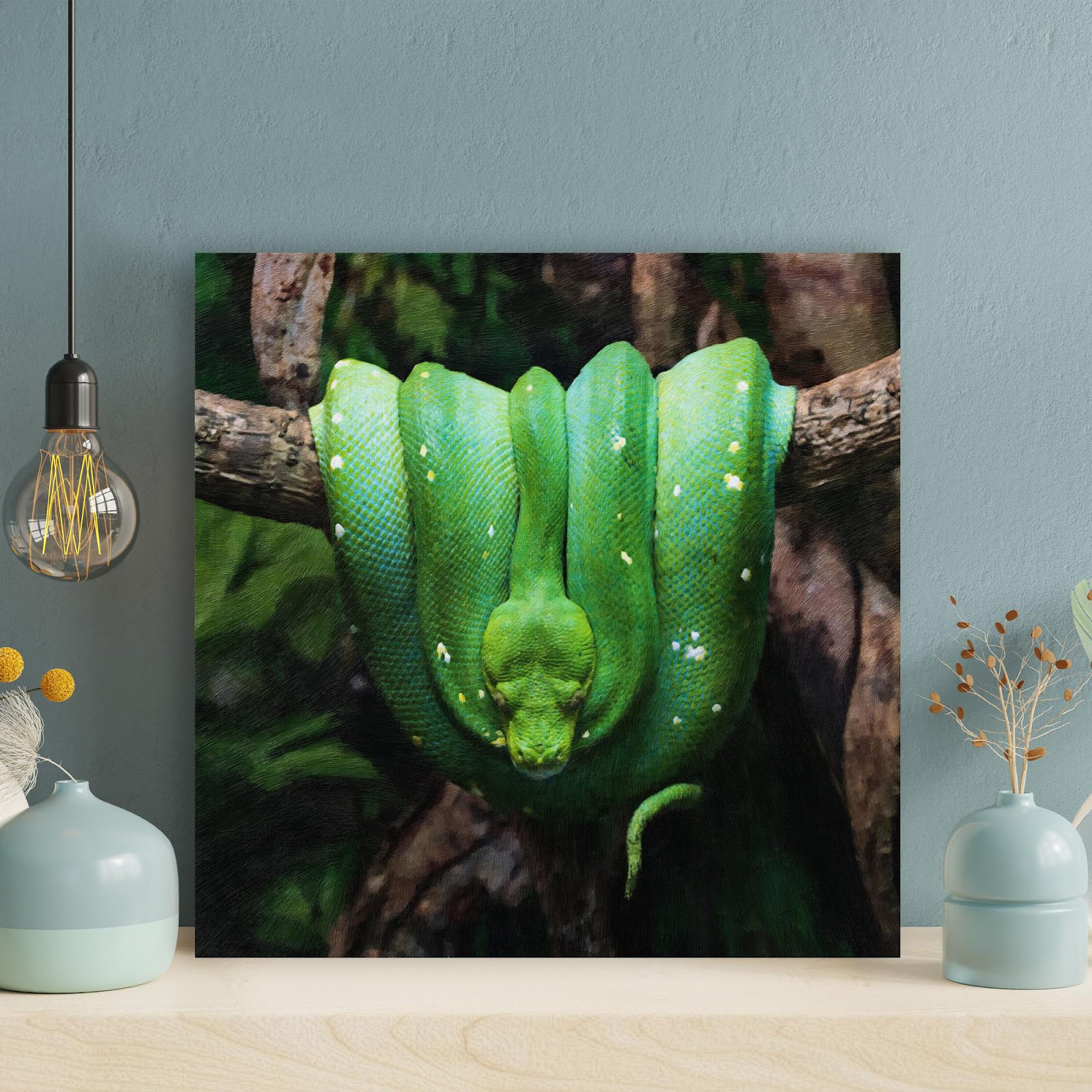Latitude Run® " Green Snake On Brown Tree Branch " Painting Print ...