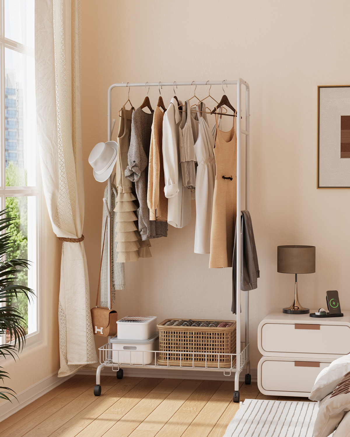 Latitude Run® Garment Rack, Clothes Rack With Metal Storage Basket And ...