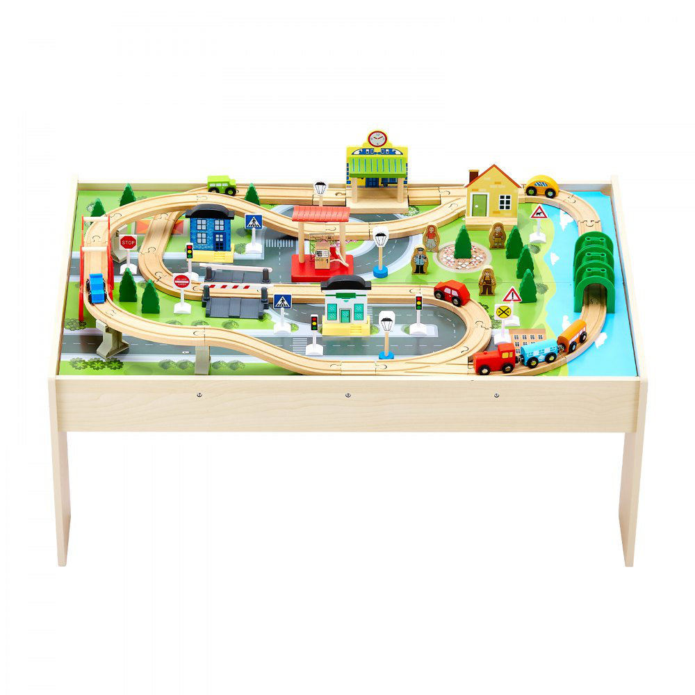 VEVOR Train Table 84 Pieces Wooden Kids Activity Table with Collapsible ...
