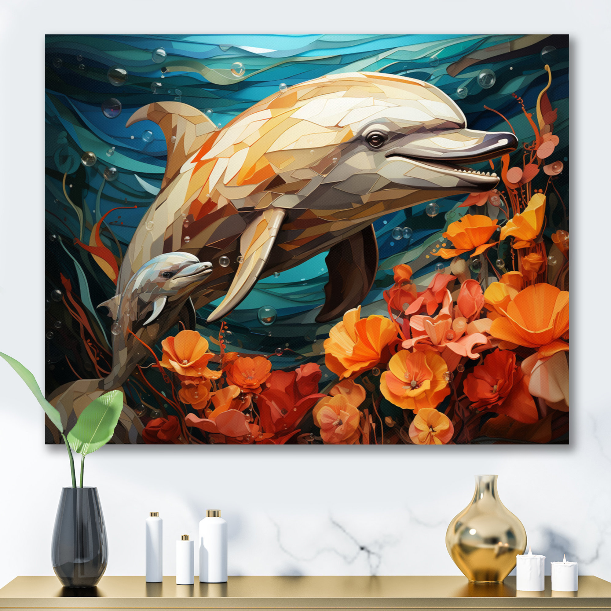 Dovecove Dolphin Marine Symphony Geometric - Dolphin Wall Art | Wayfair
