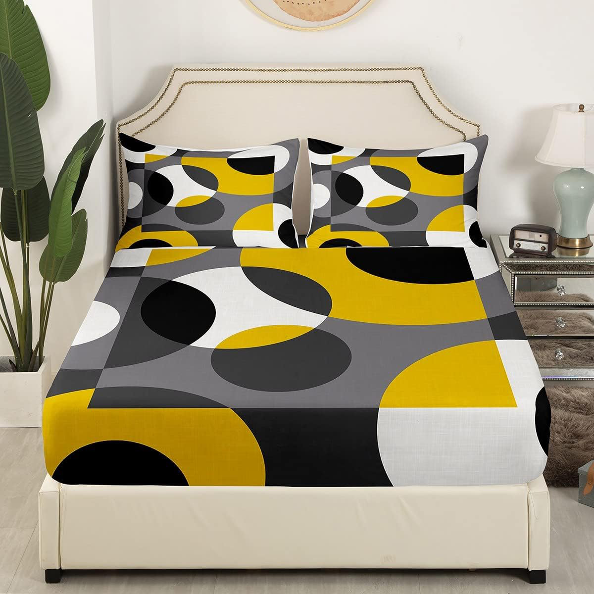 AMIPOR Yellow Geometry Fitted Sheet Circle Sheet Set,Abstract Swirls ...