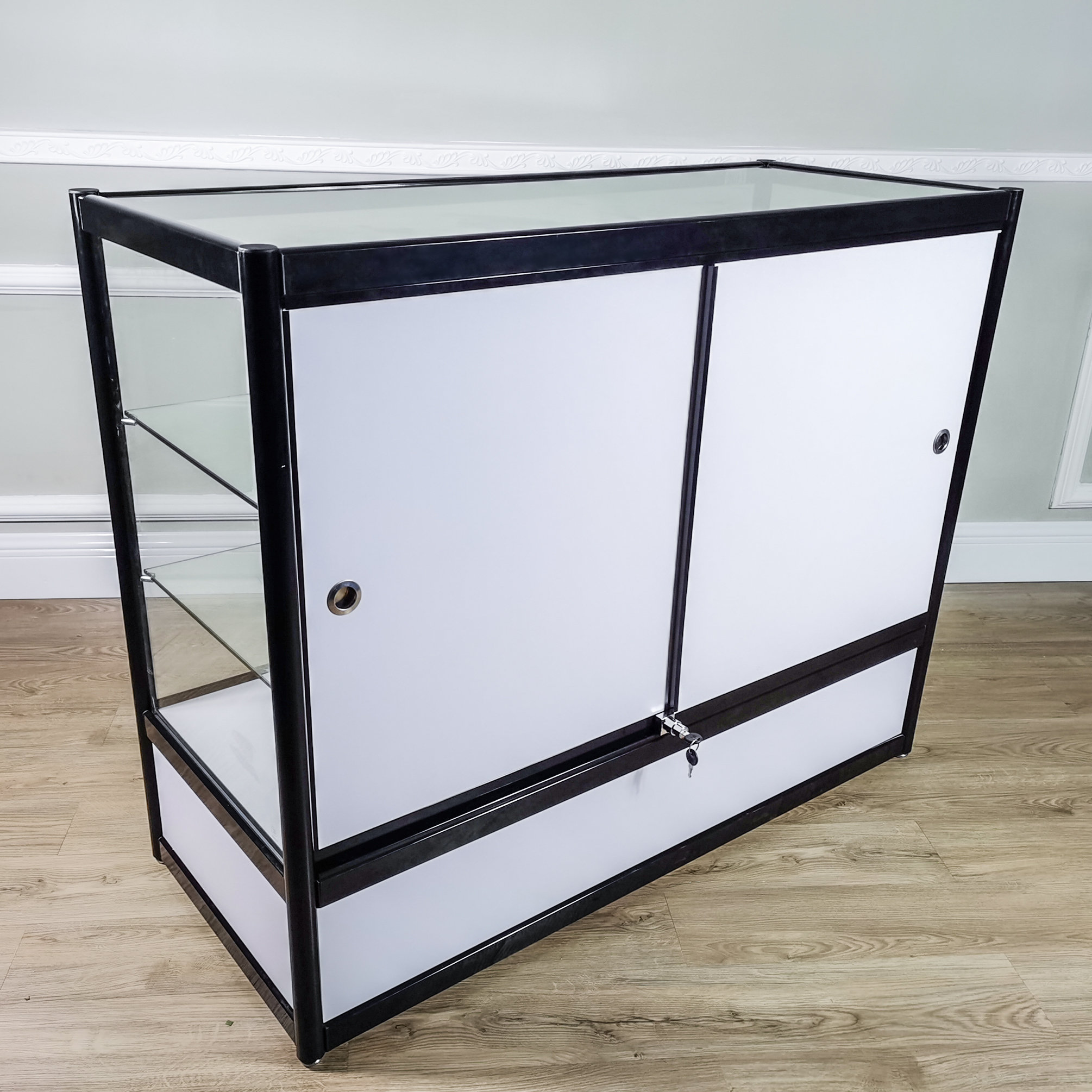 FixtureDisplays Black Aluminum Showcase Full Vision 48 Inch Frame Shelf ...