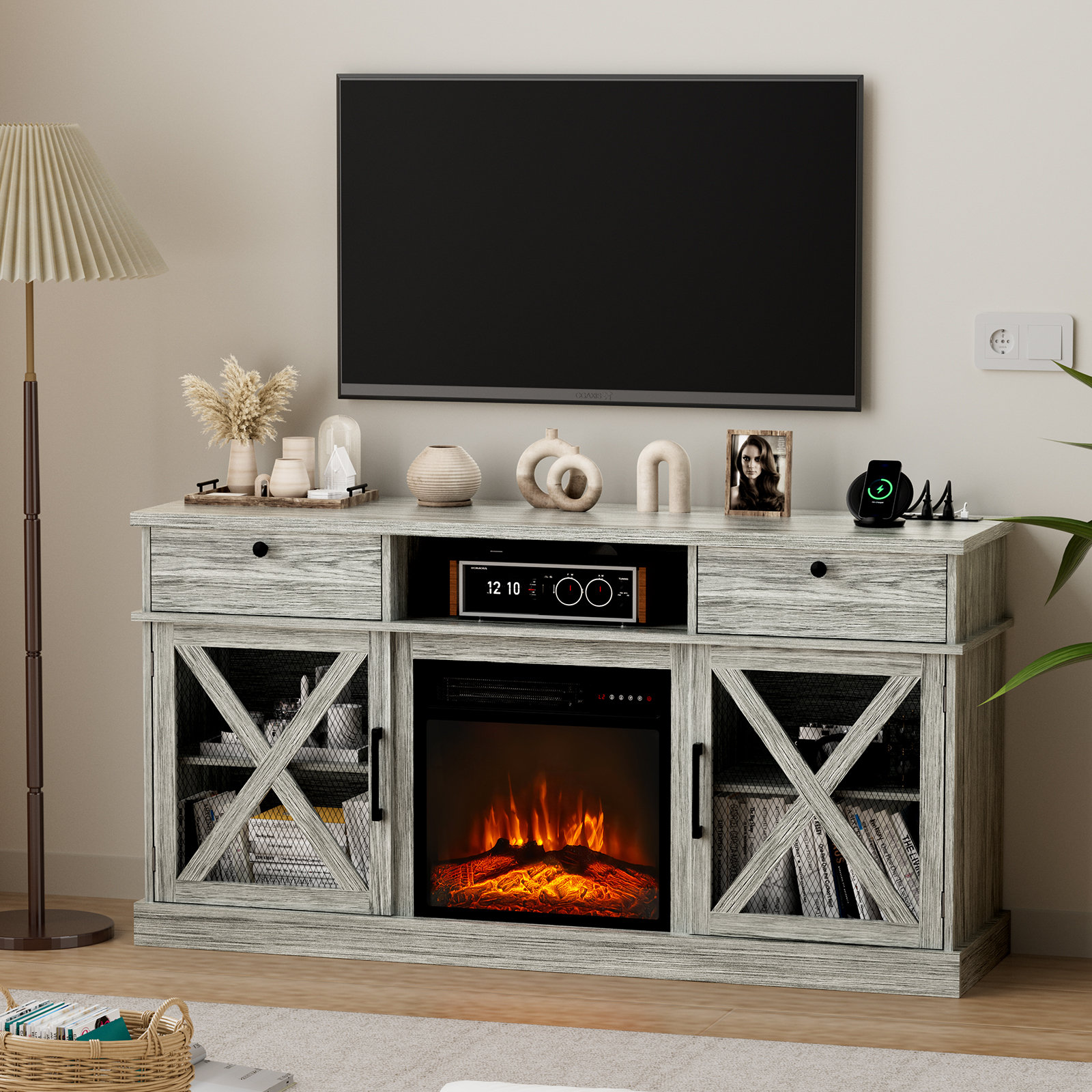 Gracie Oaks Hermis 58.07'' W Storage Credenza with Electric Fireplace ...