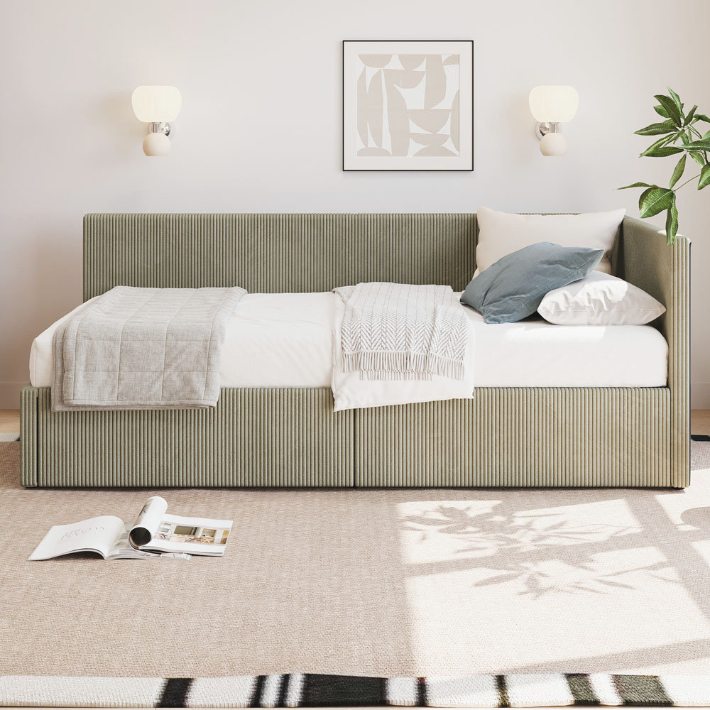 Latitude Run® Twin Size L Shape Corner Bed, Corduroy Upholstered Daybed ...