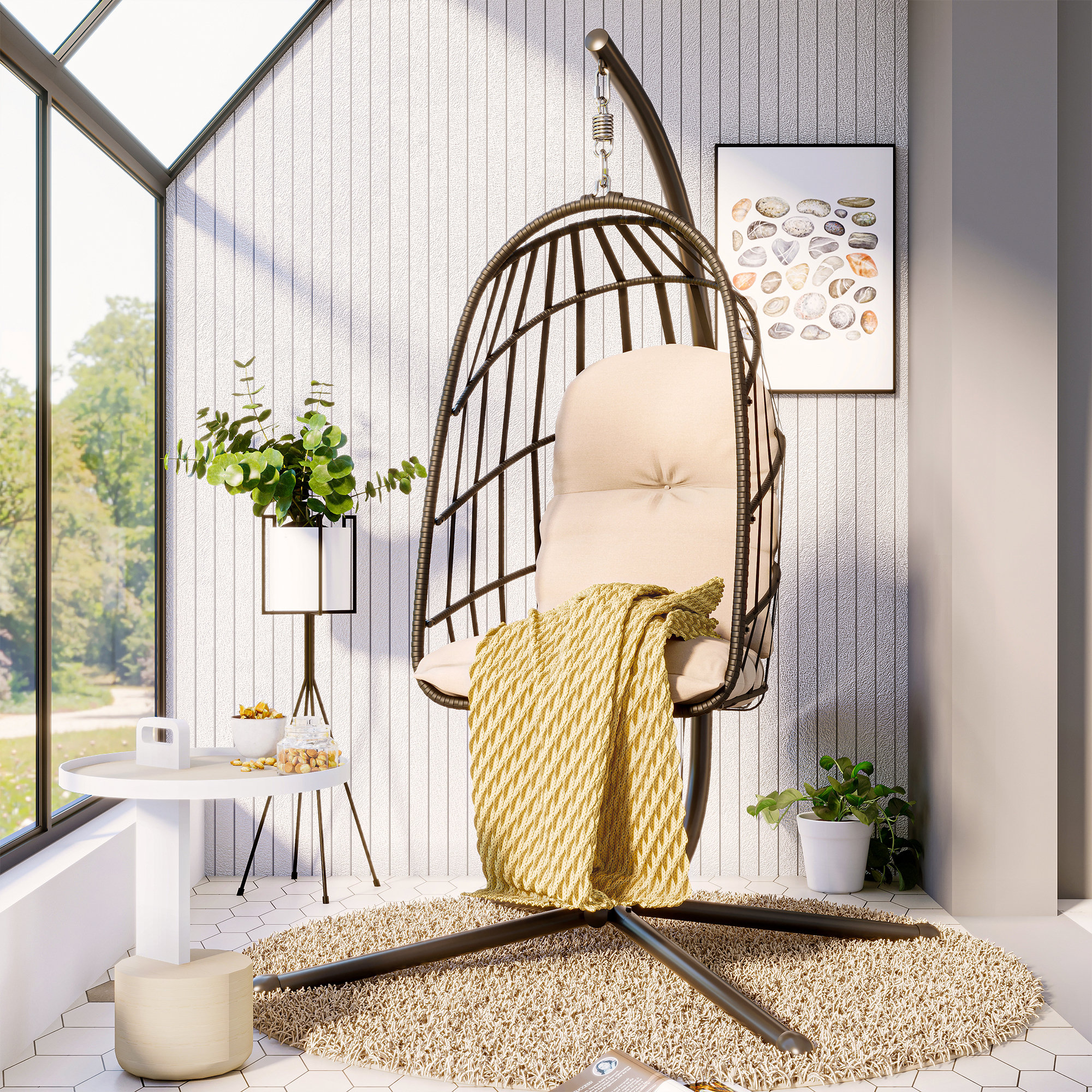 Dakota Fields Tarra Outdoor Black Wicker Foldable Hanging Egg Chair ...