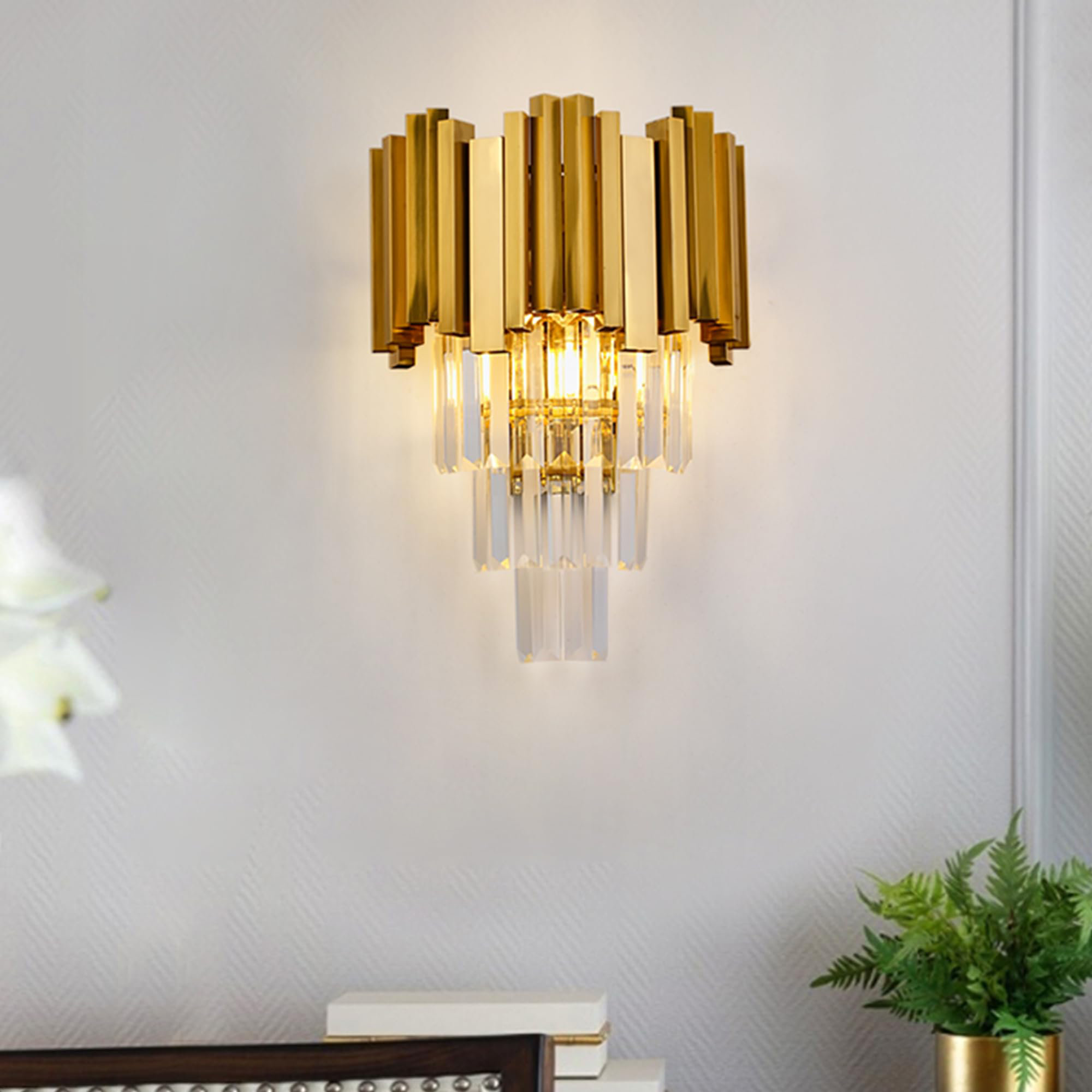 Everly Quinn Modern Crystal Wall Sconce with Antique Gold Finish ...