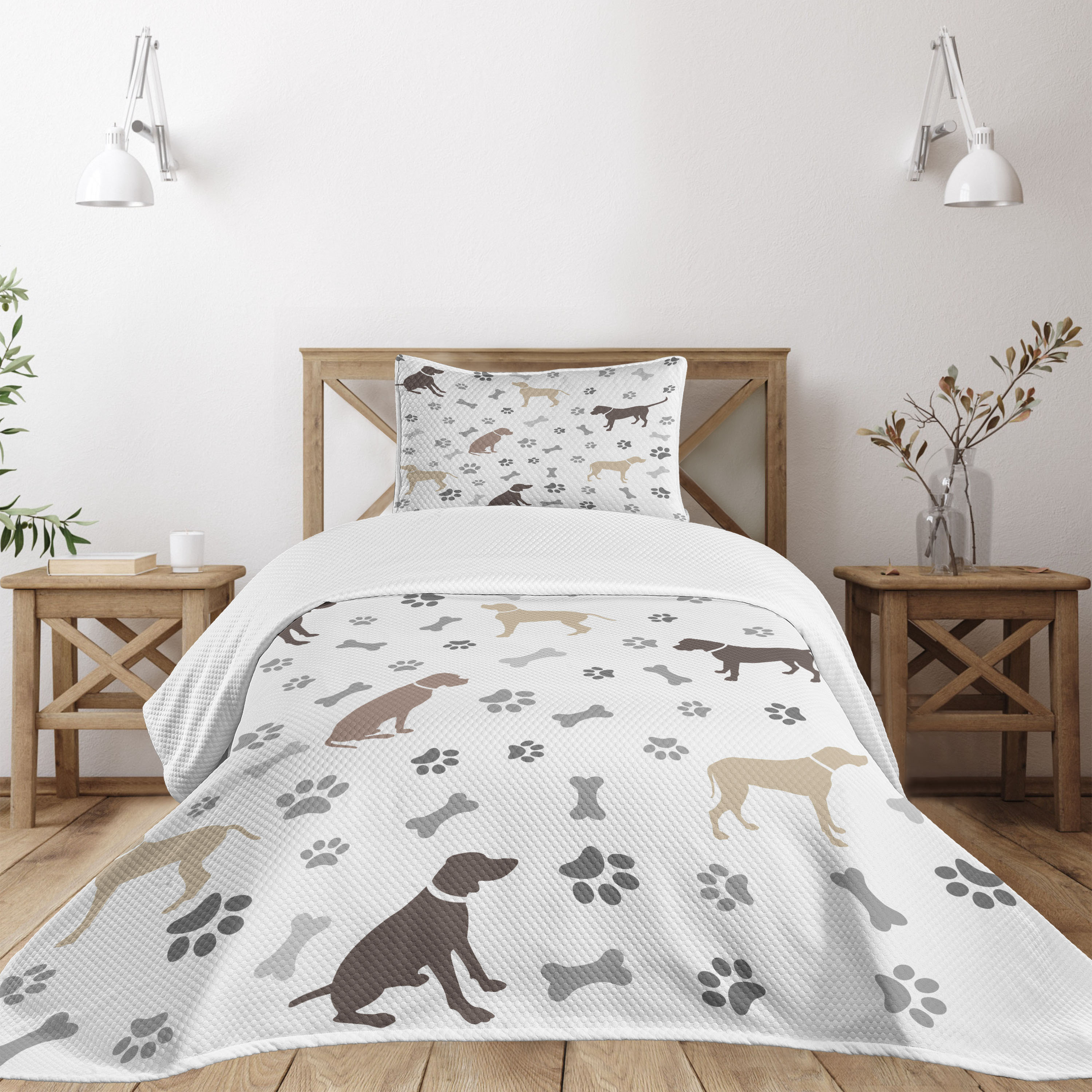 Ambesonne Dog Lover Bedspread Set Paw Print and Bones Umber Beige Grey ...