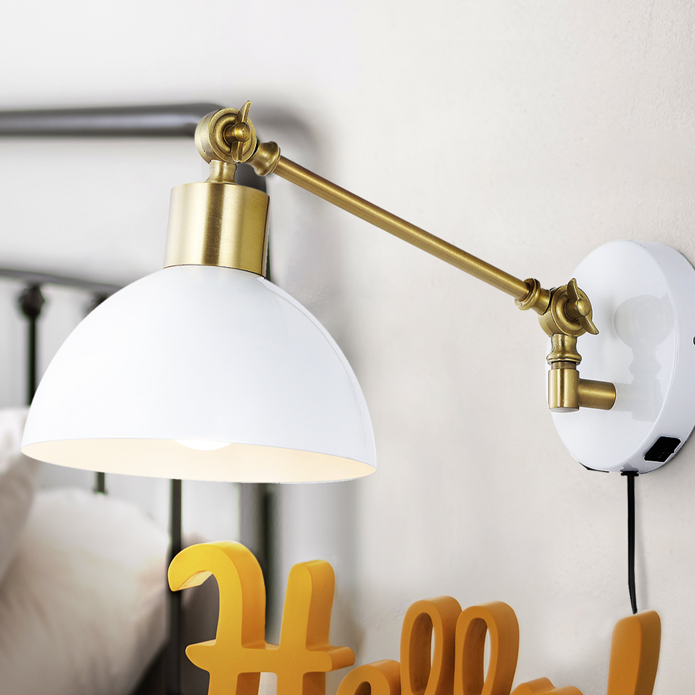 Breakwater Bay Cimarron Iron Plug-in Swing Arm Sconce with USB Charging ...