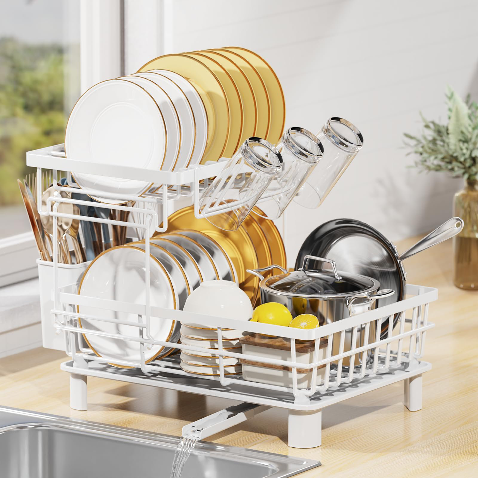 COAHAHA Compact 2-Tier Stainless Steel Dish Drying Rack - Space Saving ...
