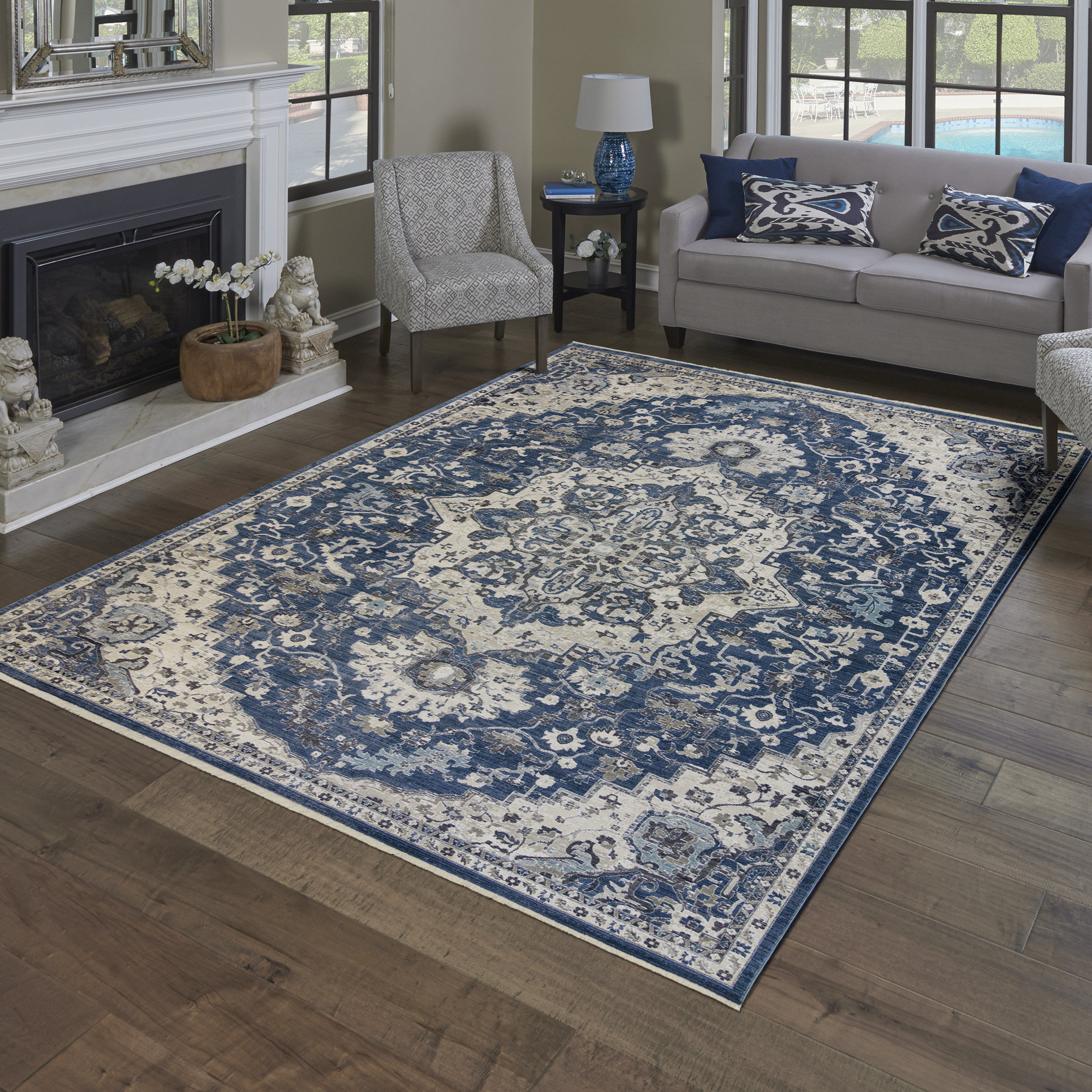 Gertmenian Astris Lavel Traditional Oriental Medallion Blue/Ivory Area ...