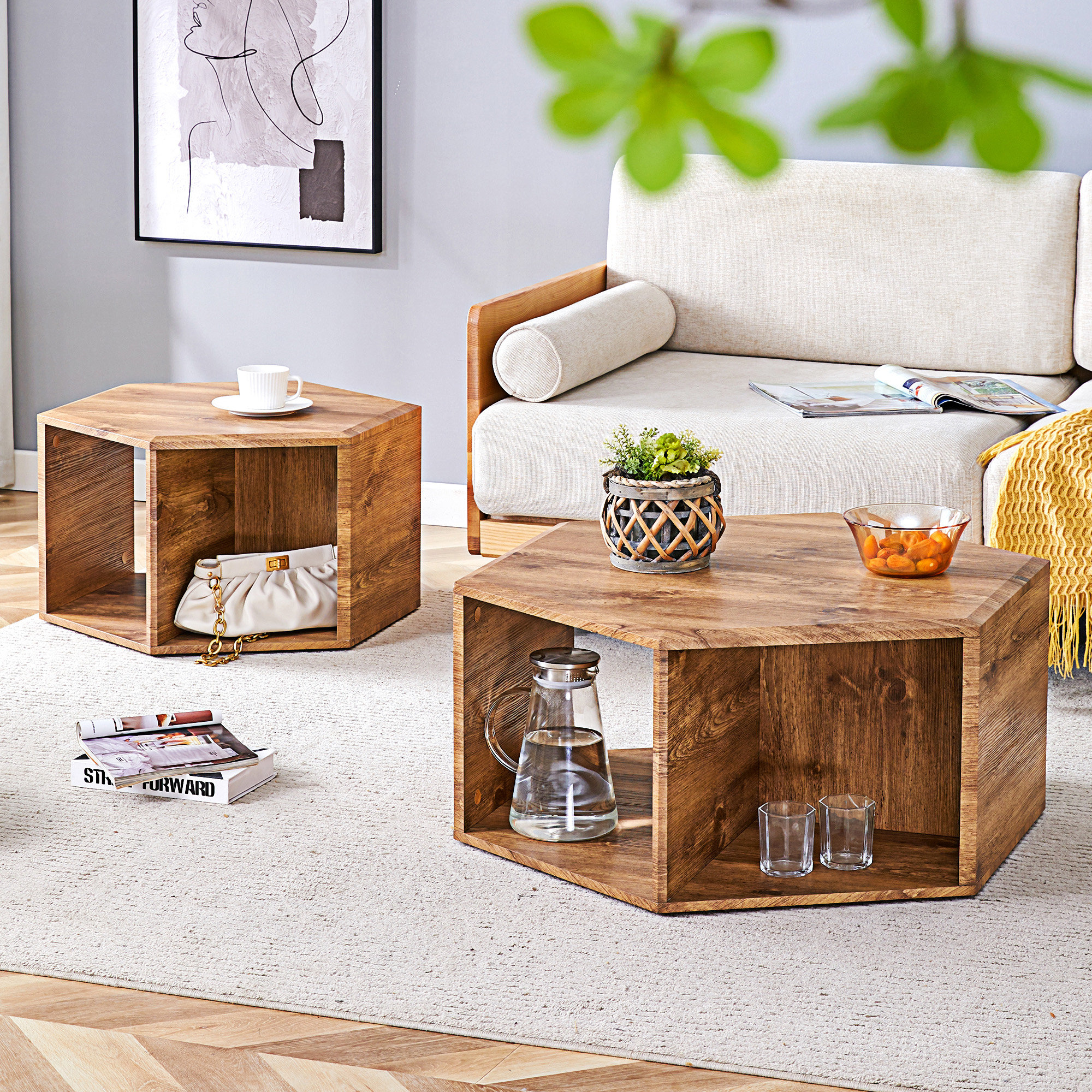 wendeway Modern Minimalist Wood Color Hexagonal Coffee Table Set.Hexagonal MDF Coffee Table ...