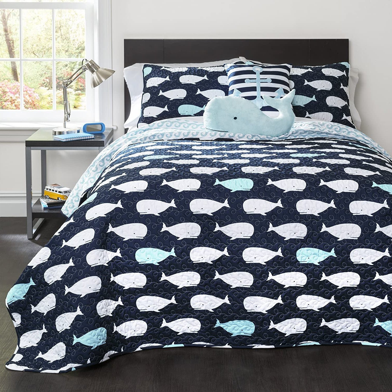 F4 Full/Queen 5 Piece Bed In A Bag Navy Teal Microfiber Waves Whales ...