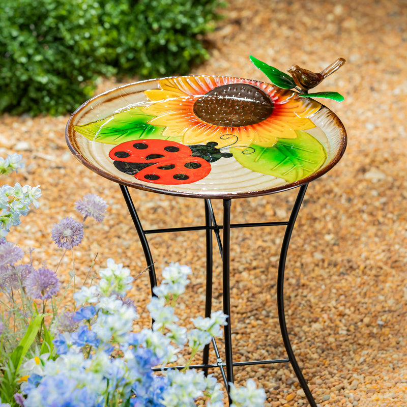 August Grove® 17" Metal Bird Bath, Ladybug & Sunflower | Wayfair