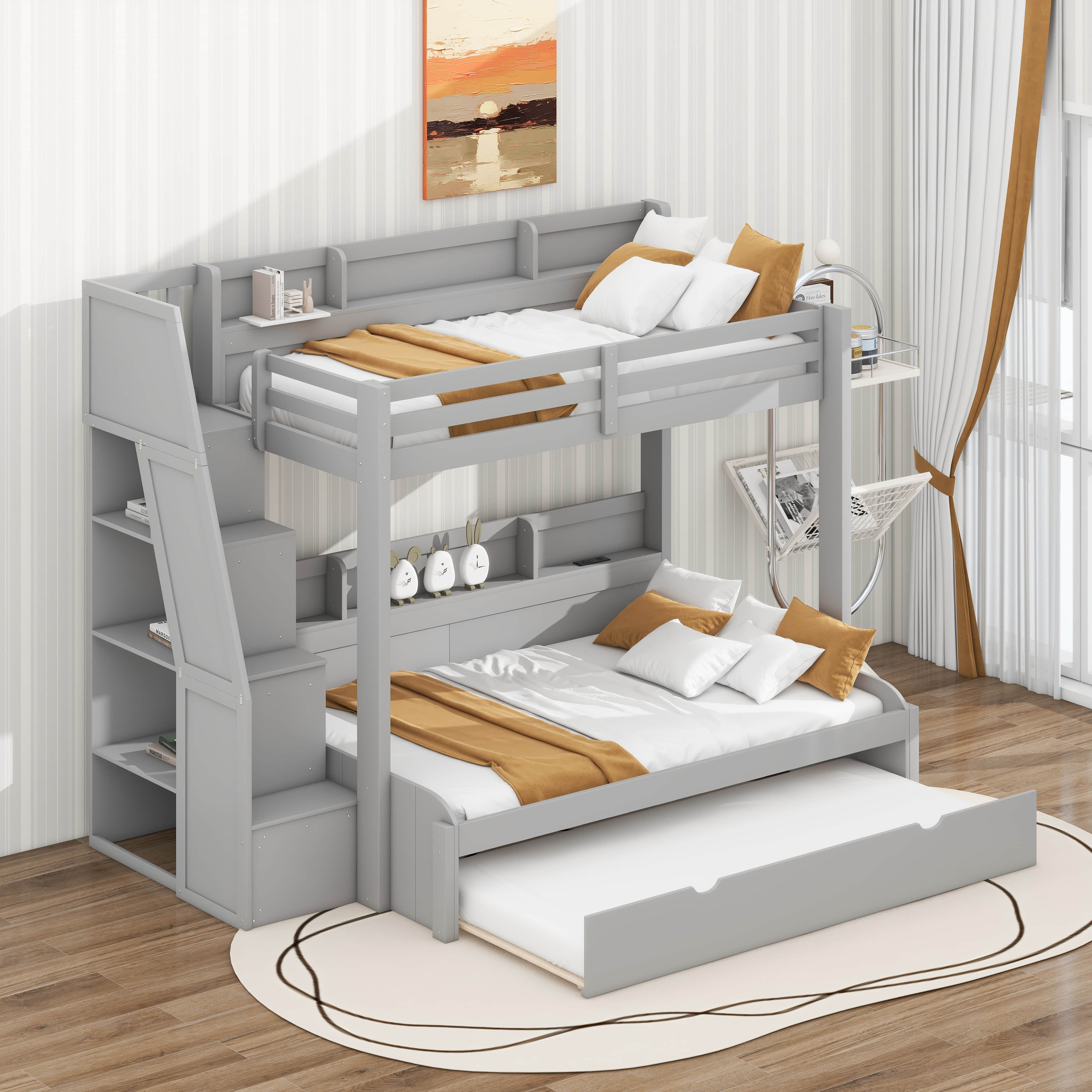 Latitude Run® Wood Bunk Bed Twin Over Full Size With Storage Staircase ...