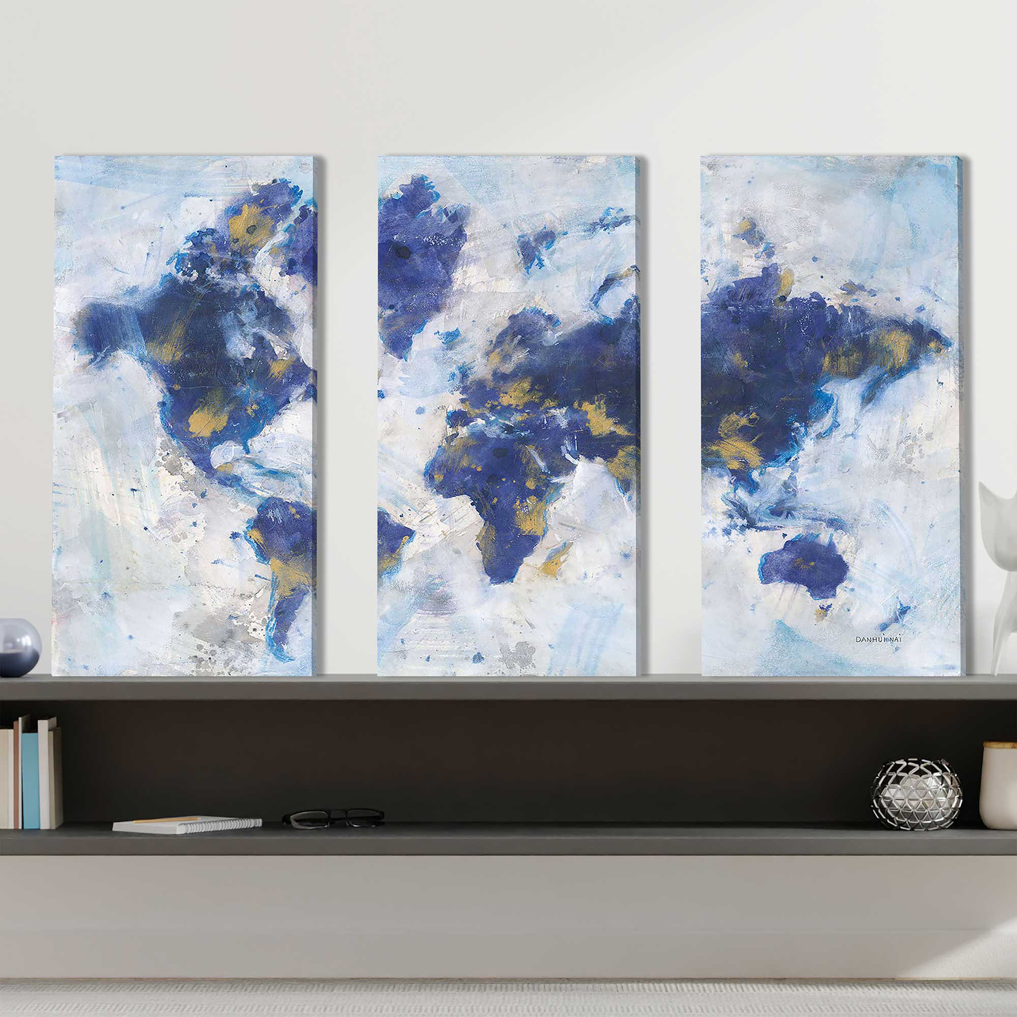 Breakwater Bay "Indigo World Map" By Danhui Nai 3 Piece Print On Canvas ...