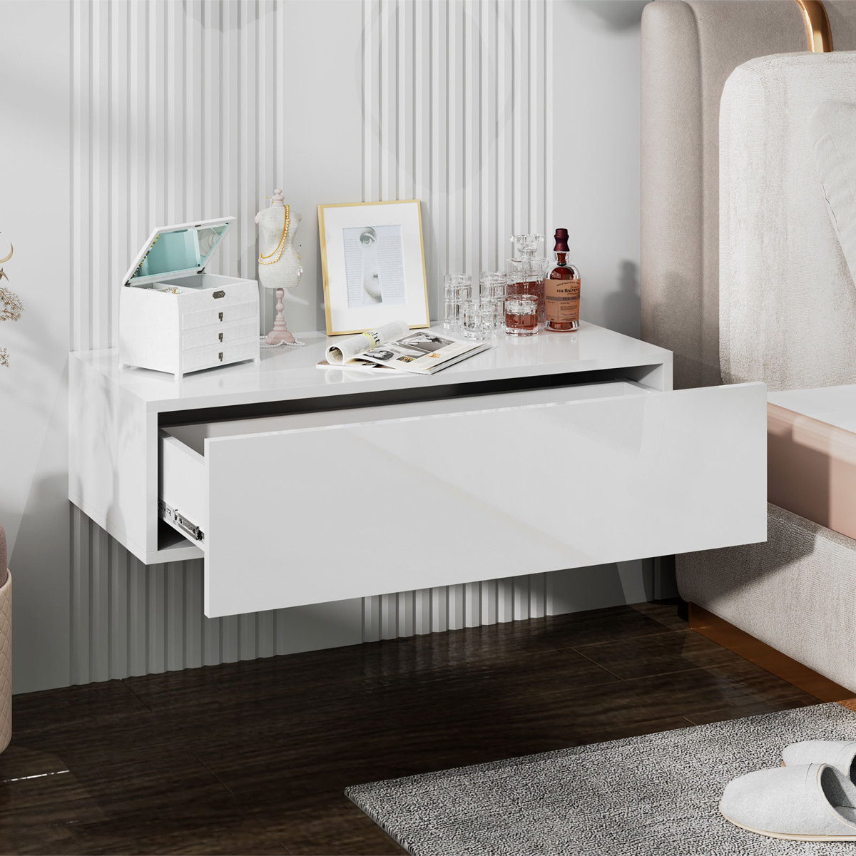 Ebern Designs Floating Nightstand with Drawer for Bedroom & Reviews ...