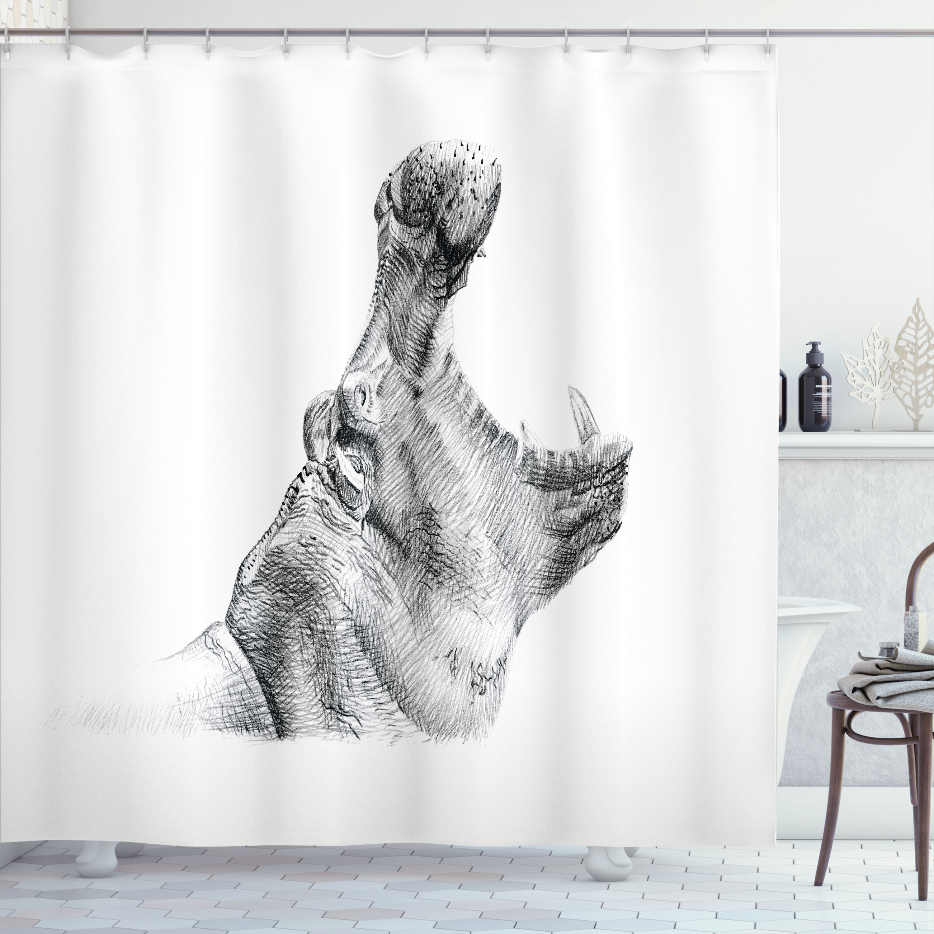 Ivy Bronx Hippo Shower Curtain Yawning Hippo Sketch Black and White ...