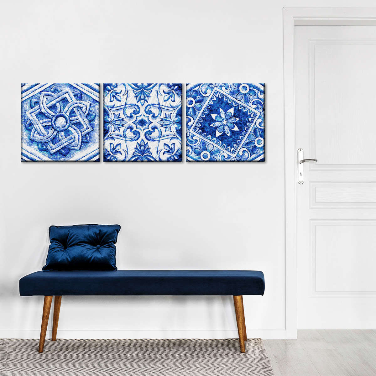 Bungalow Rose Baroque Blue Ceramic Tiles On Canvas 3 Pieces Set | Wayfair