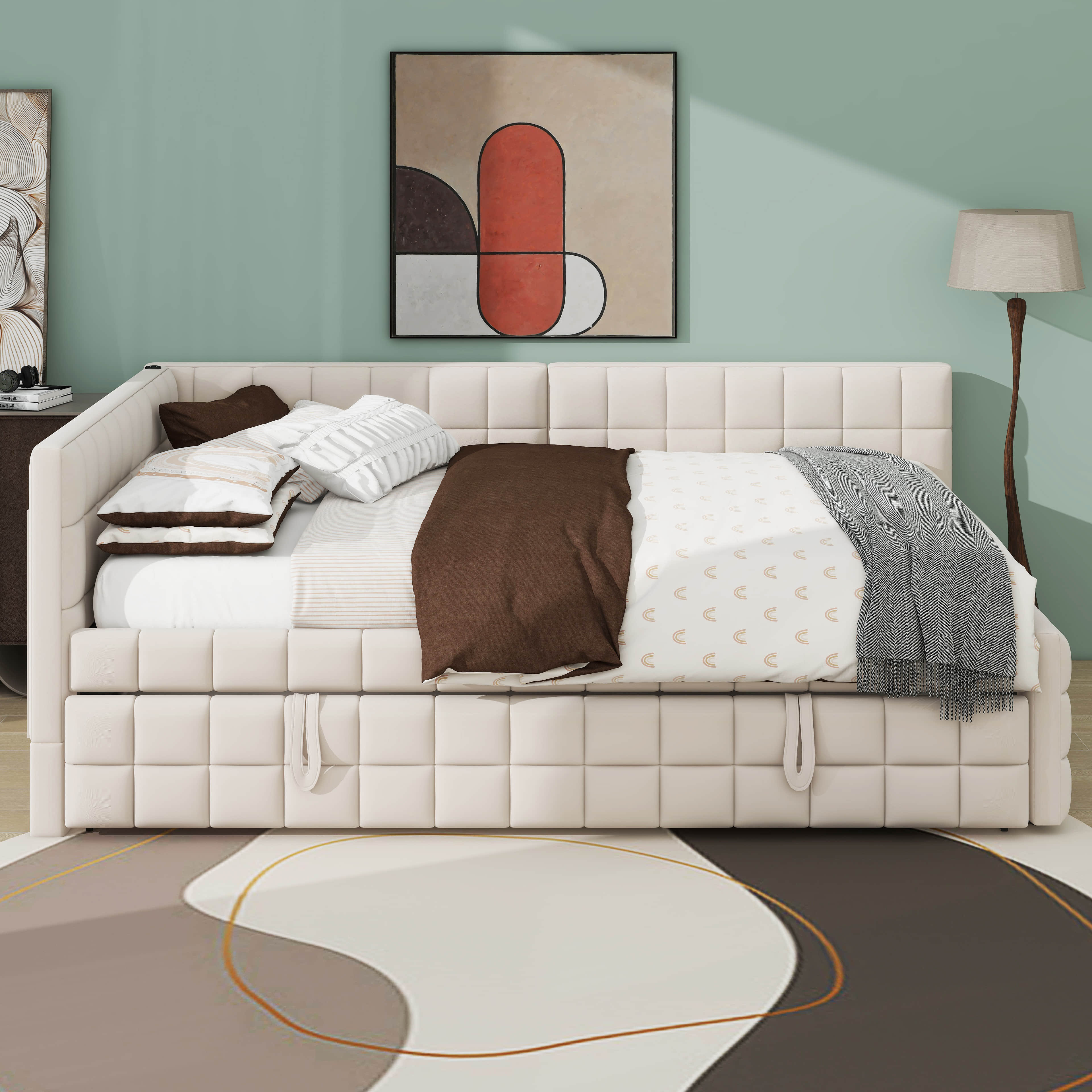 Latitude Run® Full Size L-Shaped Upholstered Daybed With Pop-Up Trundle ...