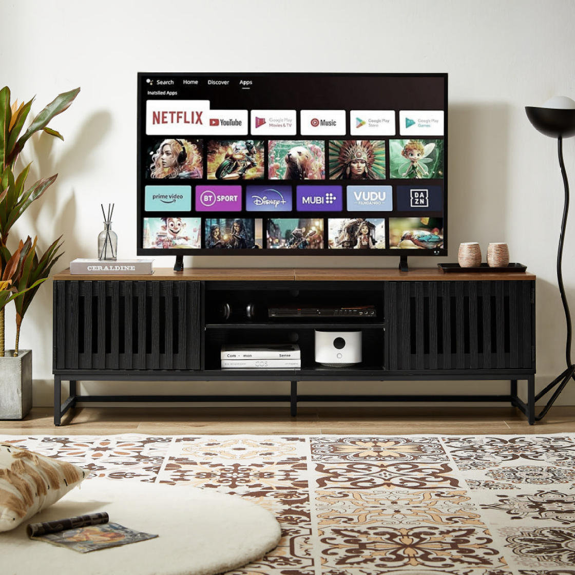 Taroo Clocks 63 Inch Modern TV Stand With Slatted Grille Striped Doors ...