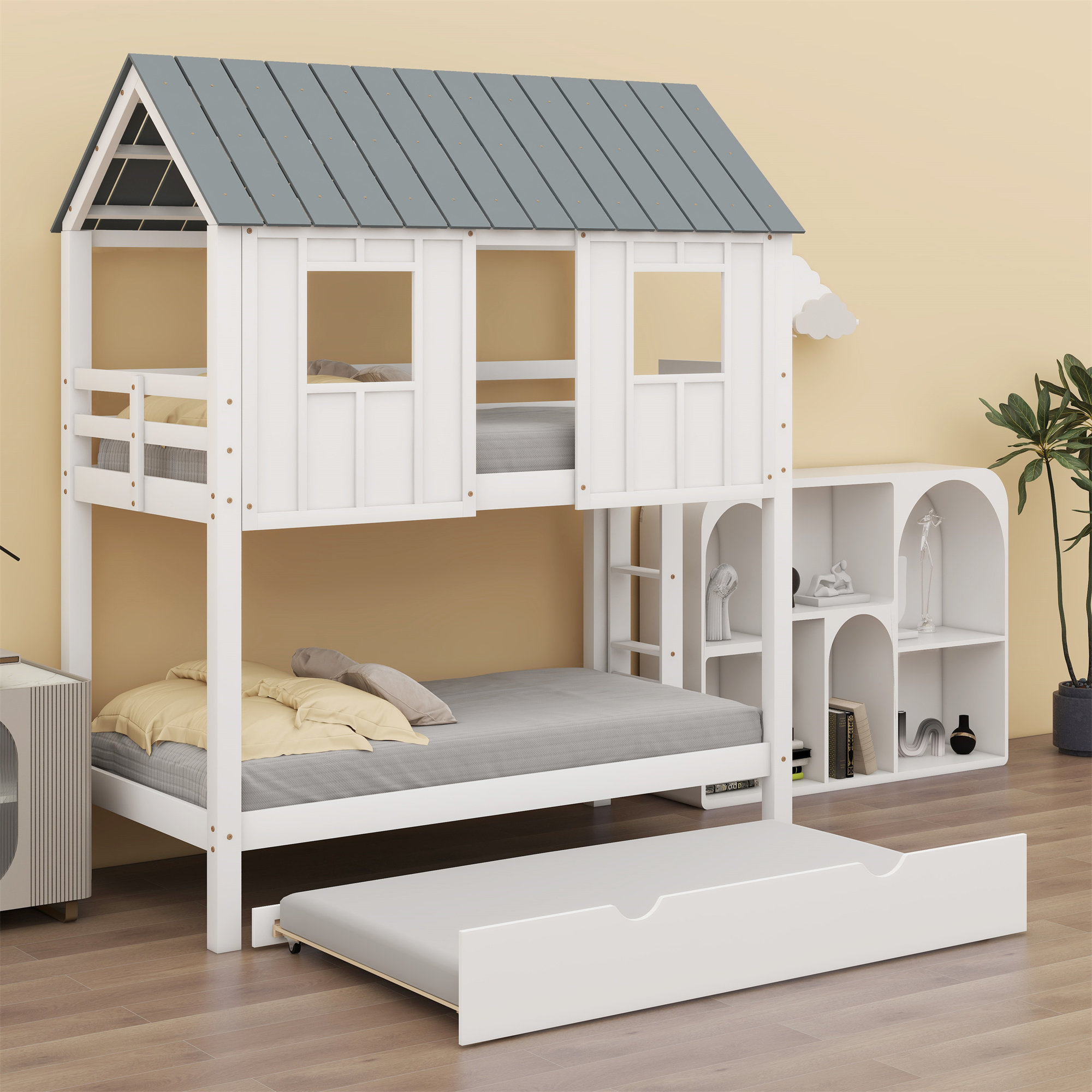 Harper Orchard House Bunk Bed With Trundle,Roof And Windows | Wayfair